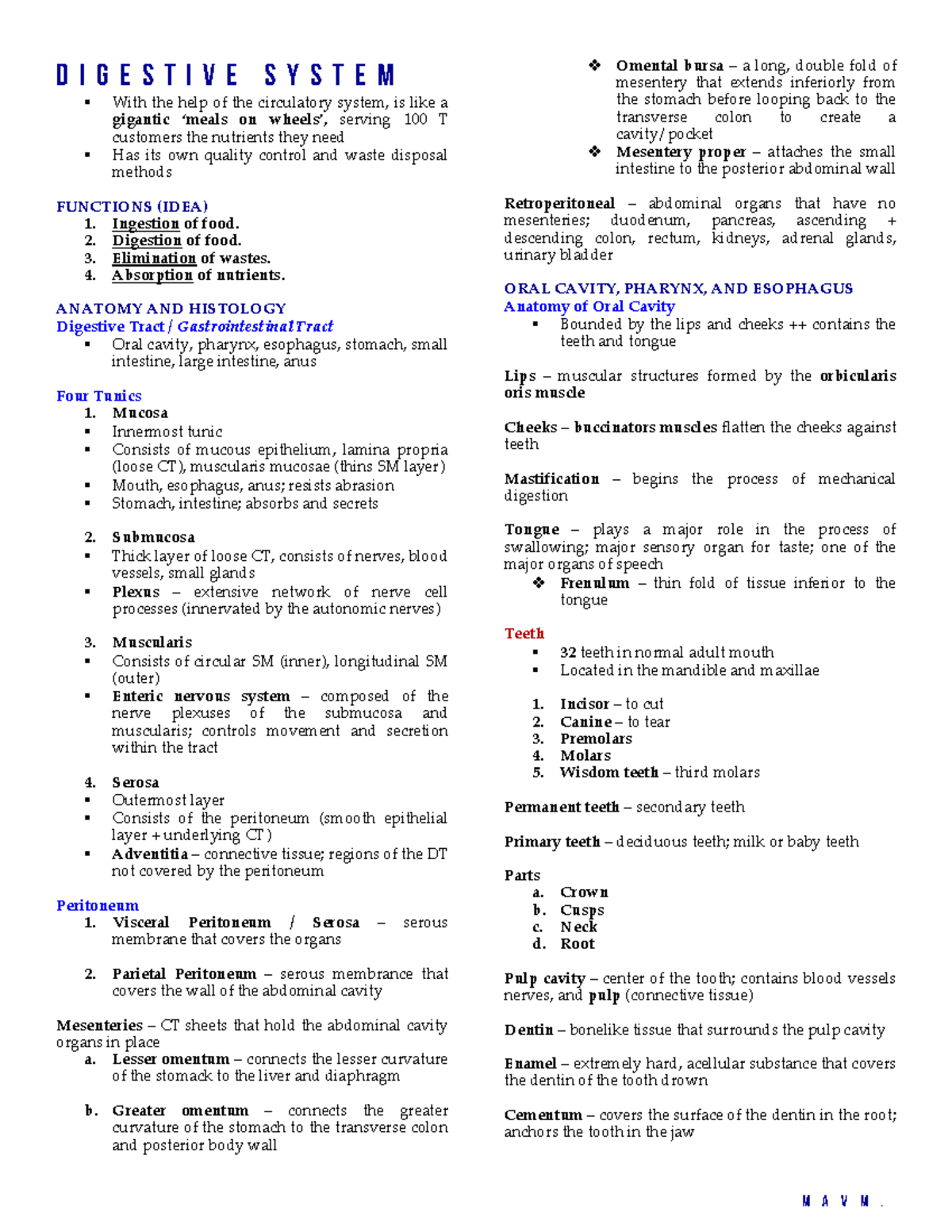 Digestive System Overview: Summary Notes and Key Functions - Studocu