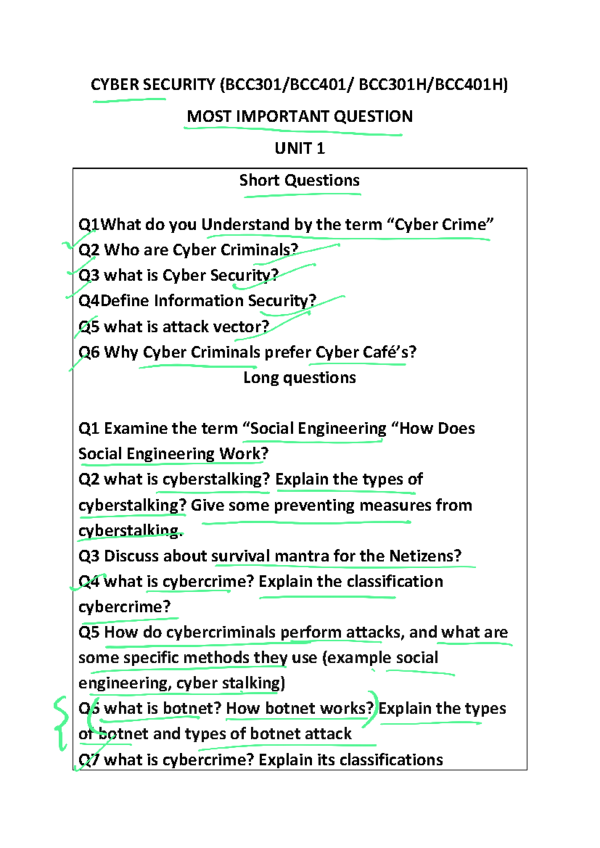 BCC301/BCC401 Cyber Security: Essential Questions & Key Concepts - Studocu