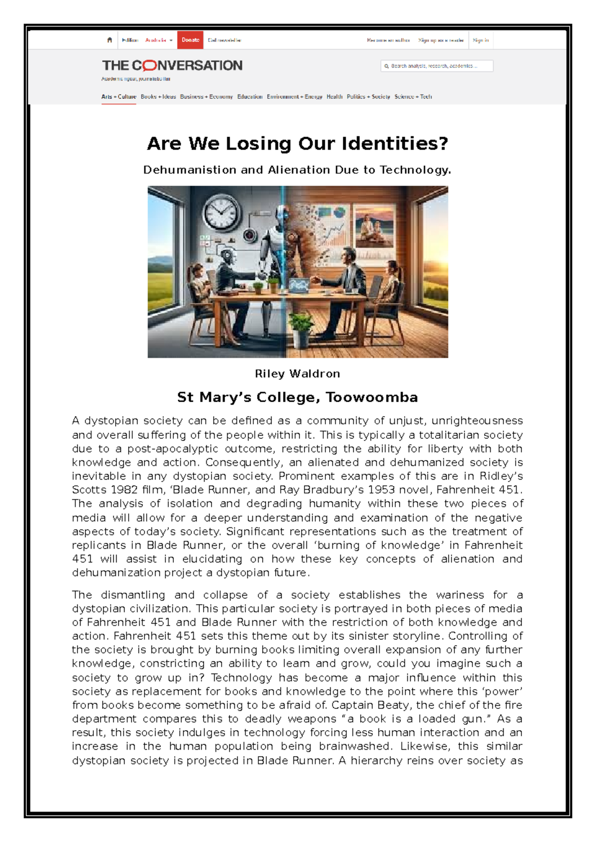 English-IA1 - Analysis of Dystopian Themes in Blade Runner & Fahrenheit ...