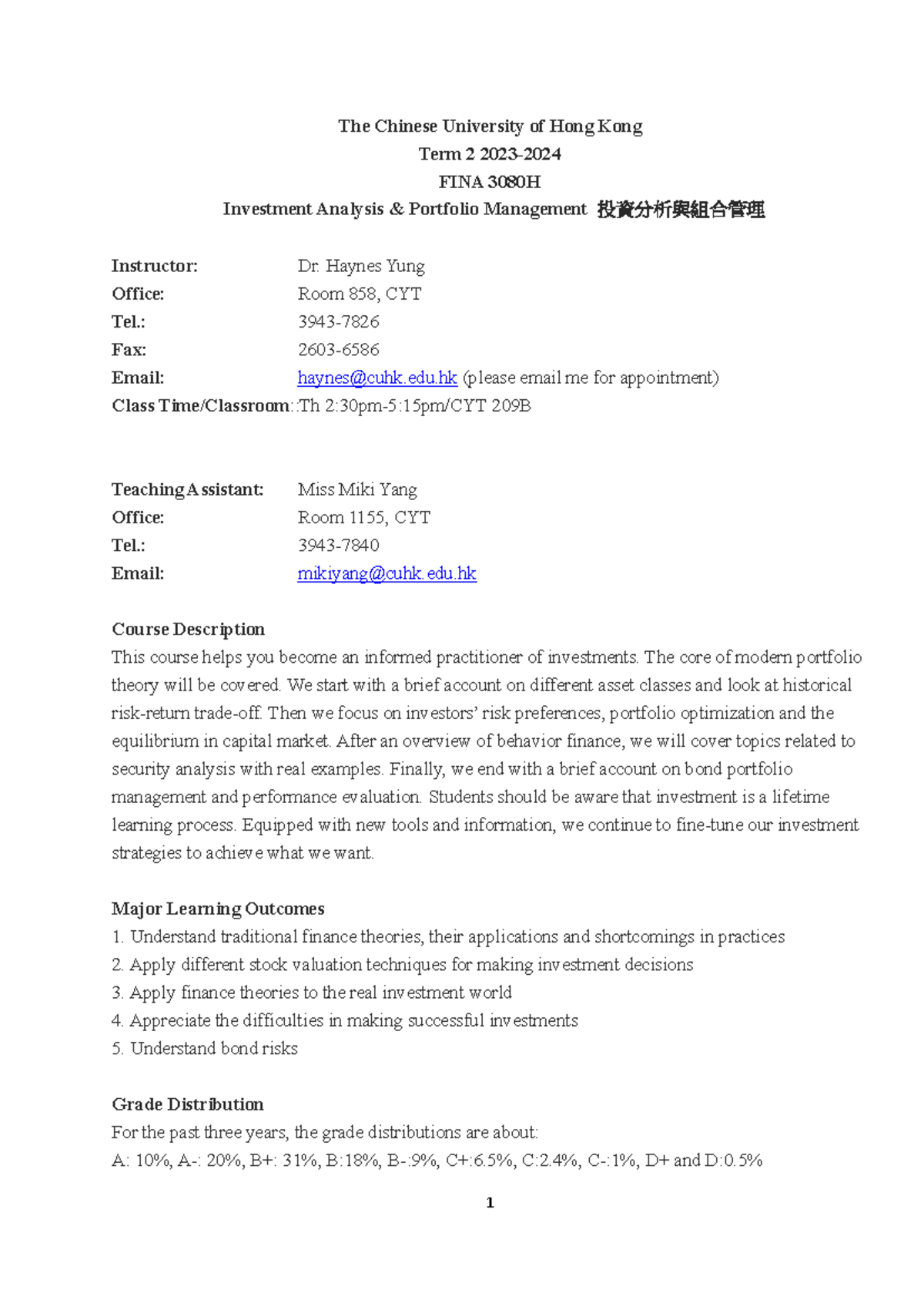 FINA 3080 H Investment Analysis & Portfolio Management Course Outline ...