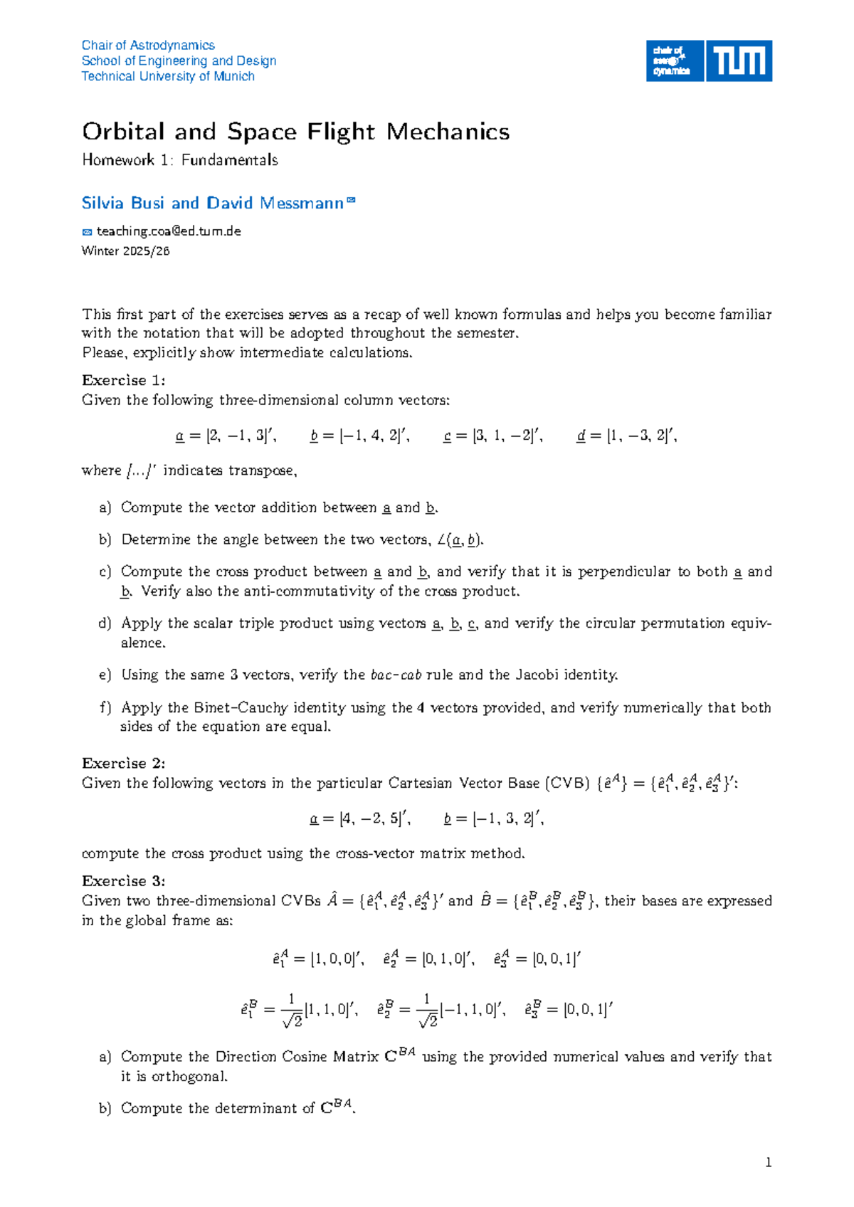 OM 01 Homework: Orbital & Space Flight Mechanics Exercises - Studocu