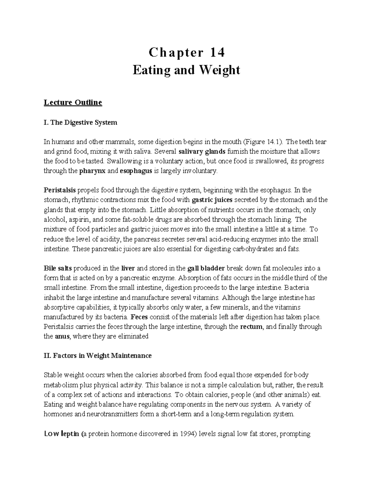 Chapter 14 - Eating, Weight, and the Digestive System Lecture Notes ...