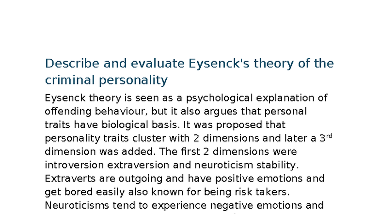 Eysenck's Theory of Criminal Personality: Evaluation and Insights - Studocu