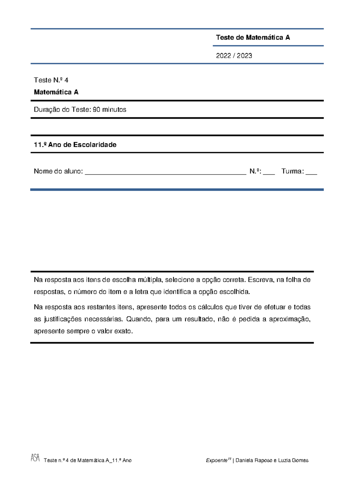 Teste N.º 4 - Matemática A - 2022/23 - Edicoes ASA - Studocu