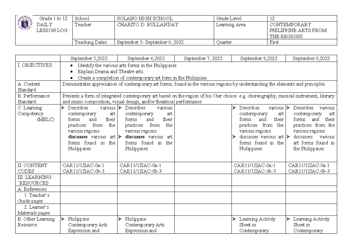 Grade 12 Daily Lesson Log: Contemporary Philippine Arts (1st Quarter ...