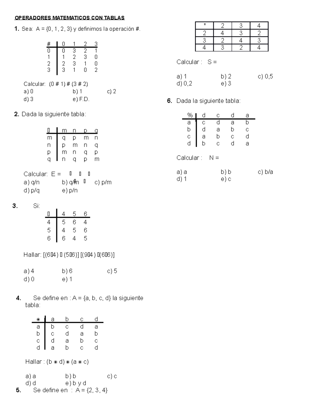 Operadores Matematicos CON Tablas - OPERADORES MATEMATICOS CON TABLAS ...