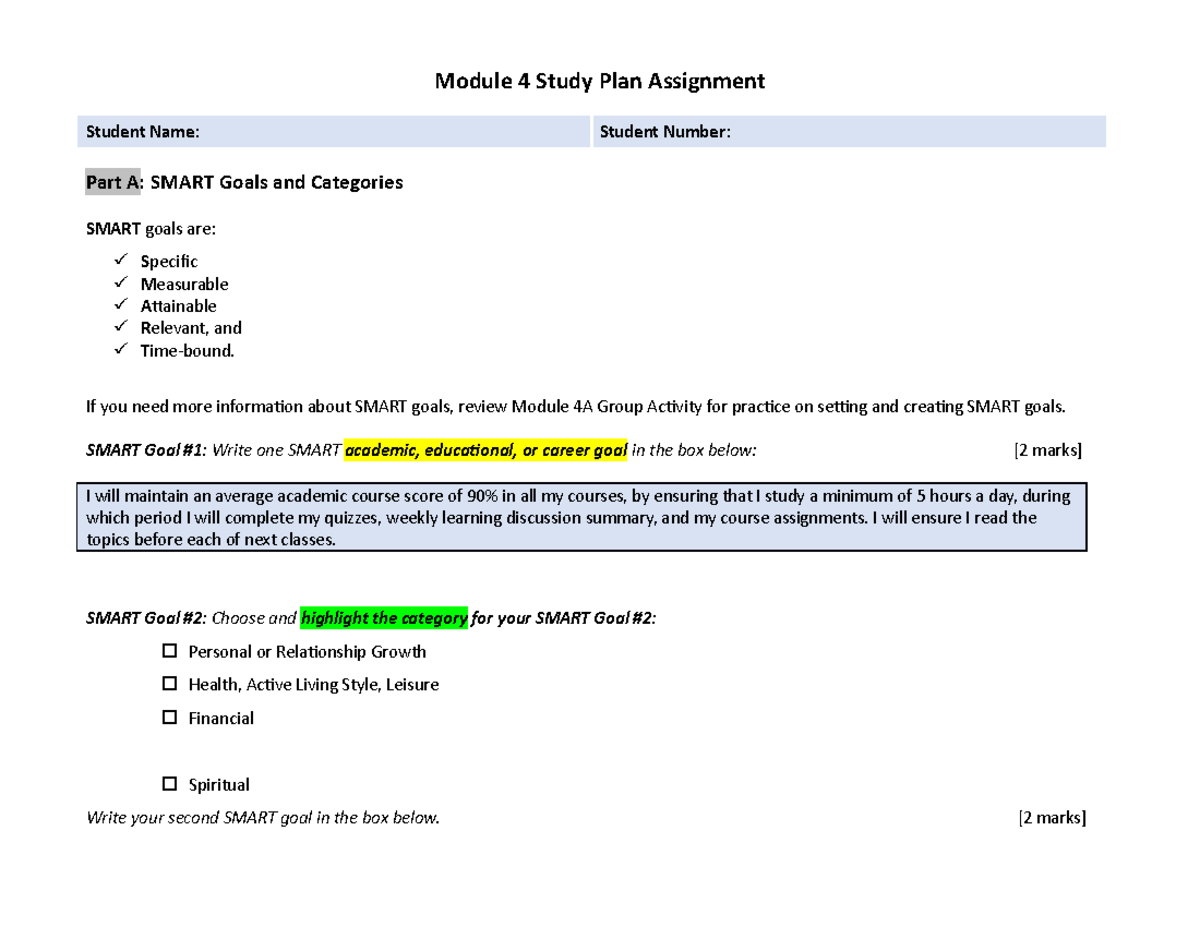 Module 4 Assignment - Module 4 Study Plan Assignment Student Name ...