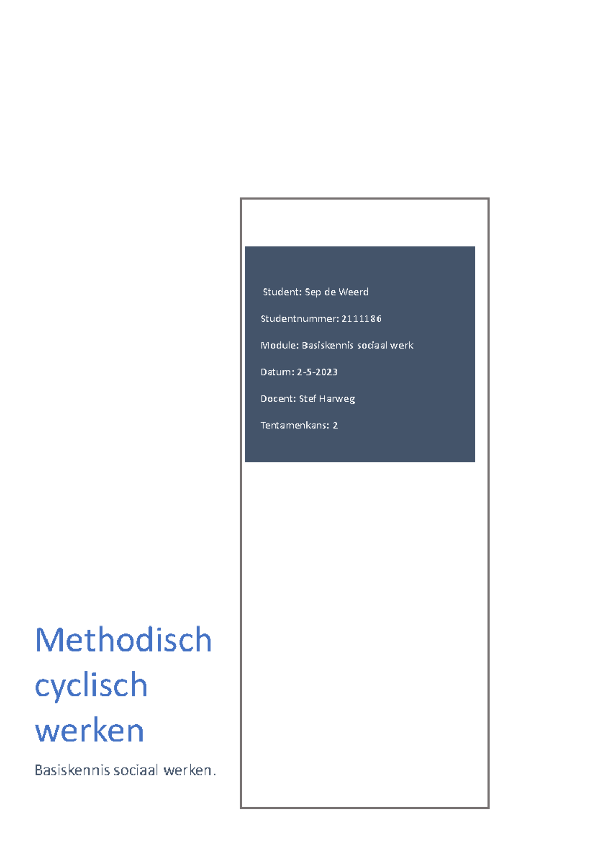 Methodische Cyclus Verslag: Basis Sociaal Werk (Module 2111186 ...