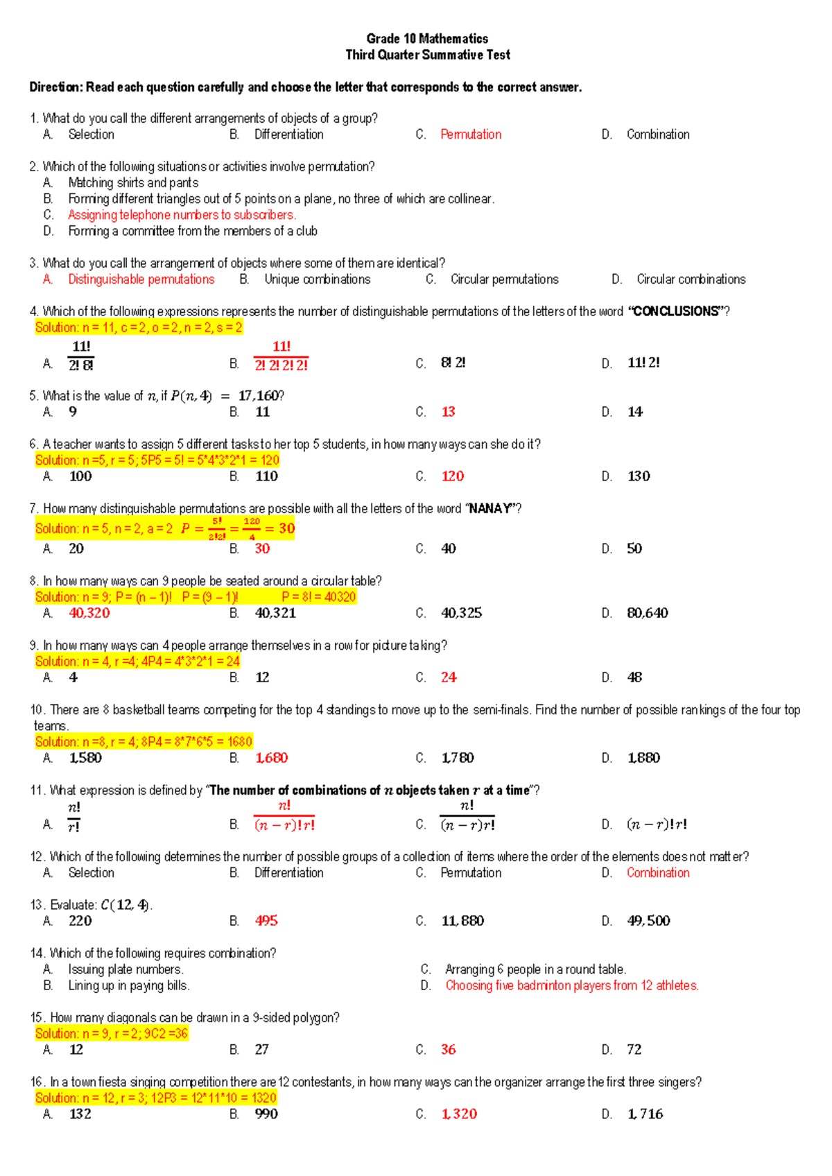Grade 10 Math 3rd Quarter Summative Test Reviewer (Q1-Q30) - Studocu