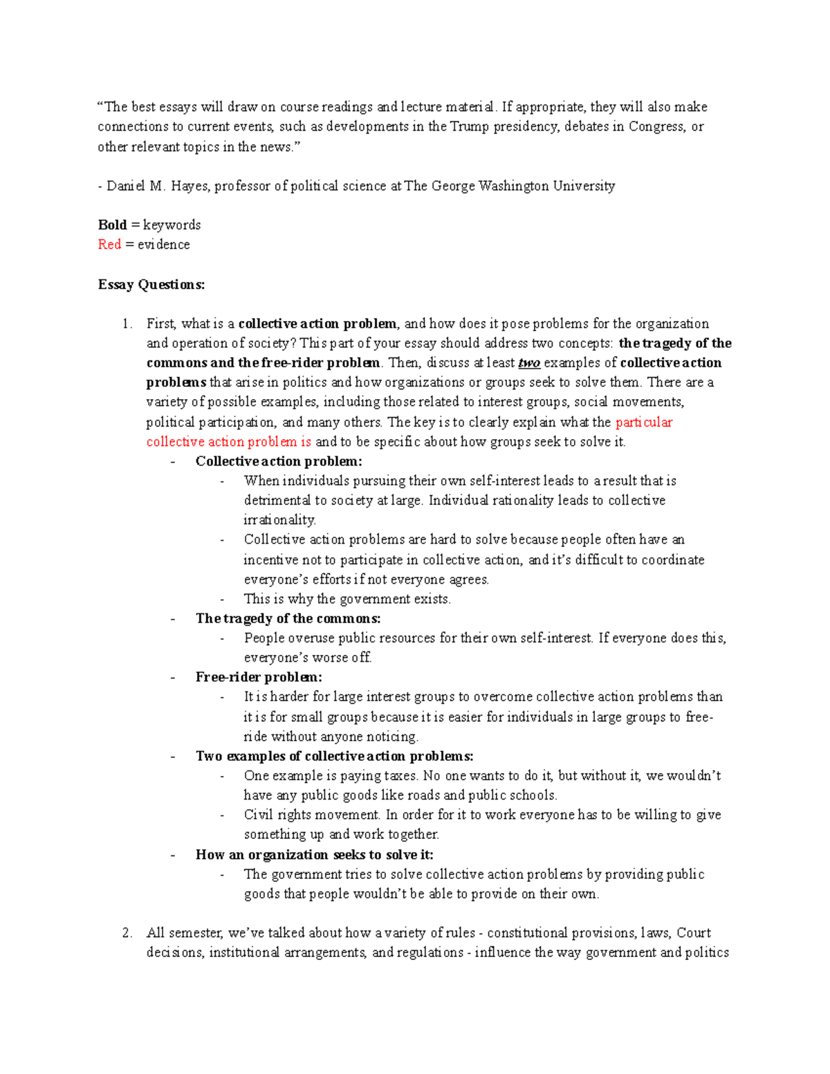 Final Study Guide - “The best essays will draw on course readings and ...
