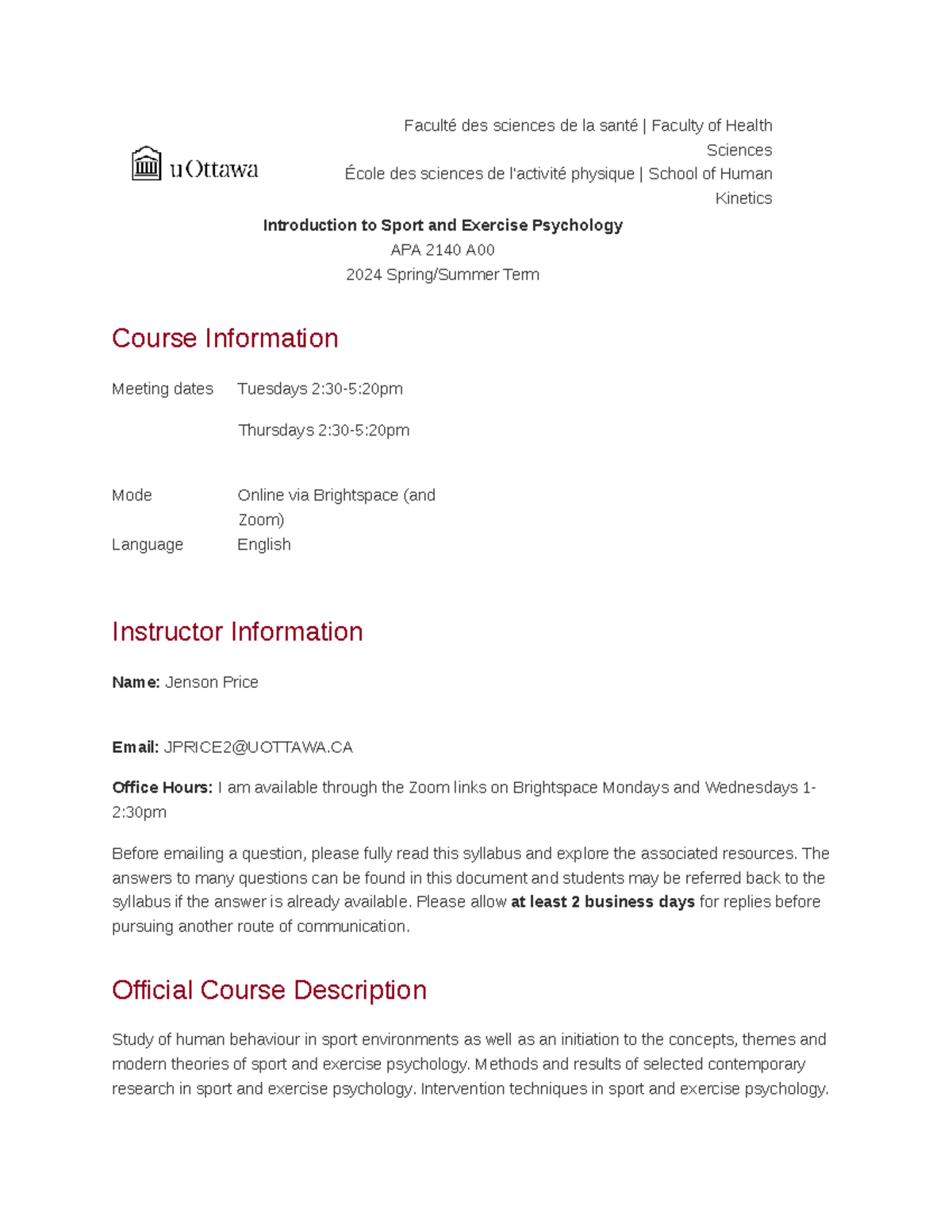 2024 Spring/Summer Term APA 2140 A00 Intro to Sport & Exercise ...