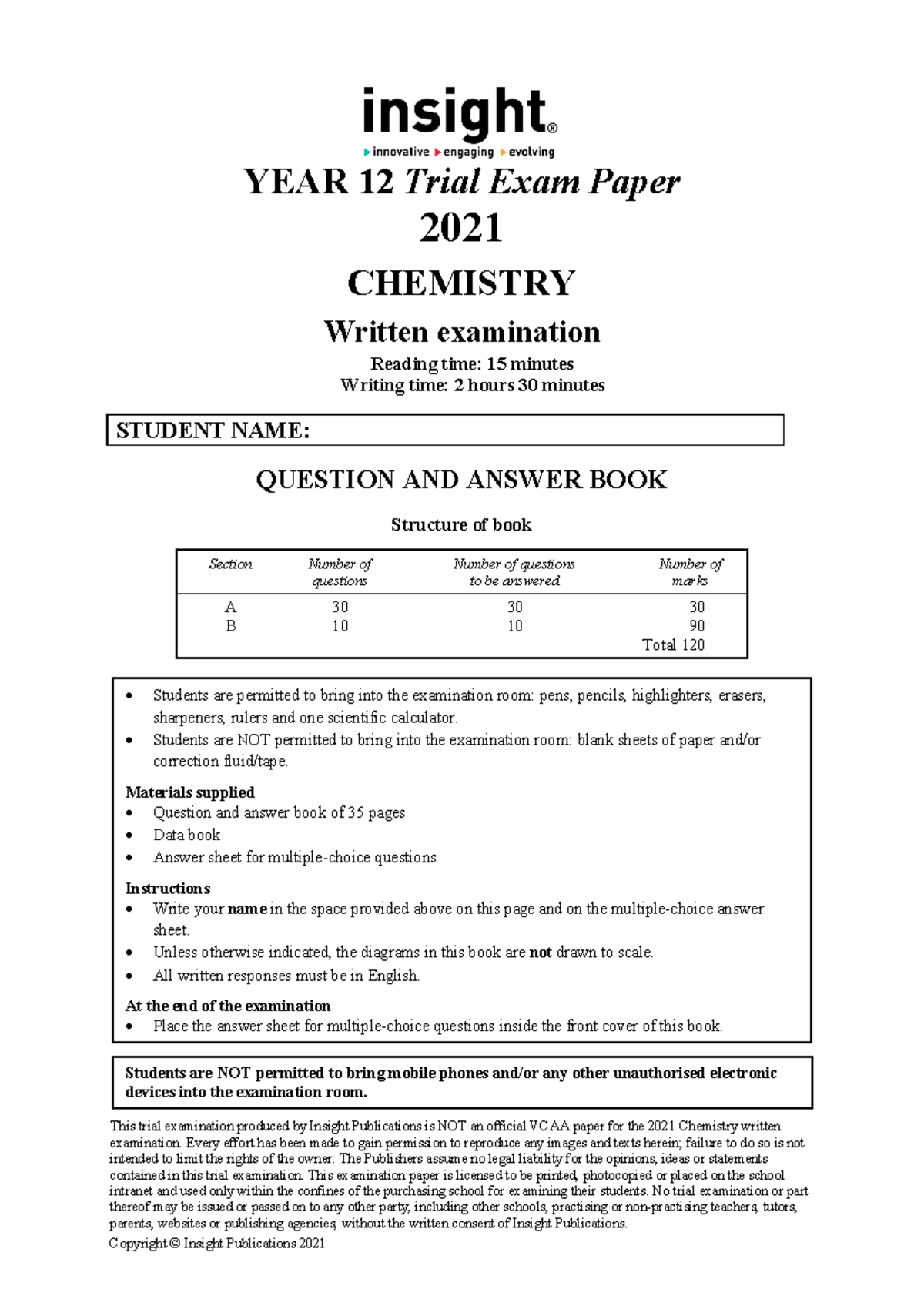 YEAR 12 Chemistry Trial Exam Paper 2021 - Complete Guide - Studocu