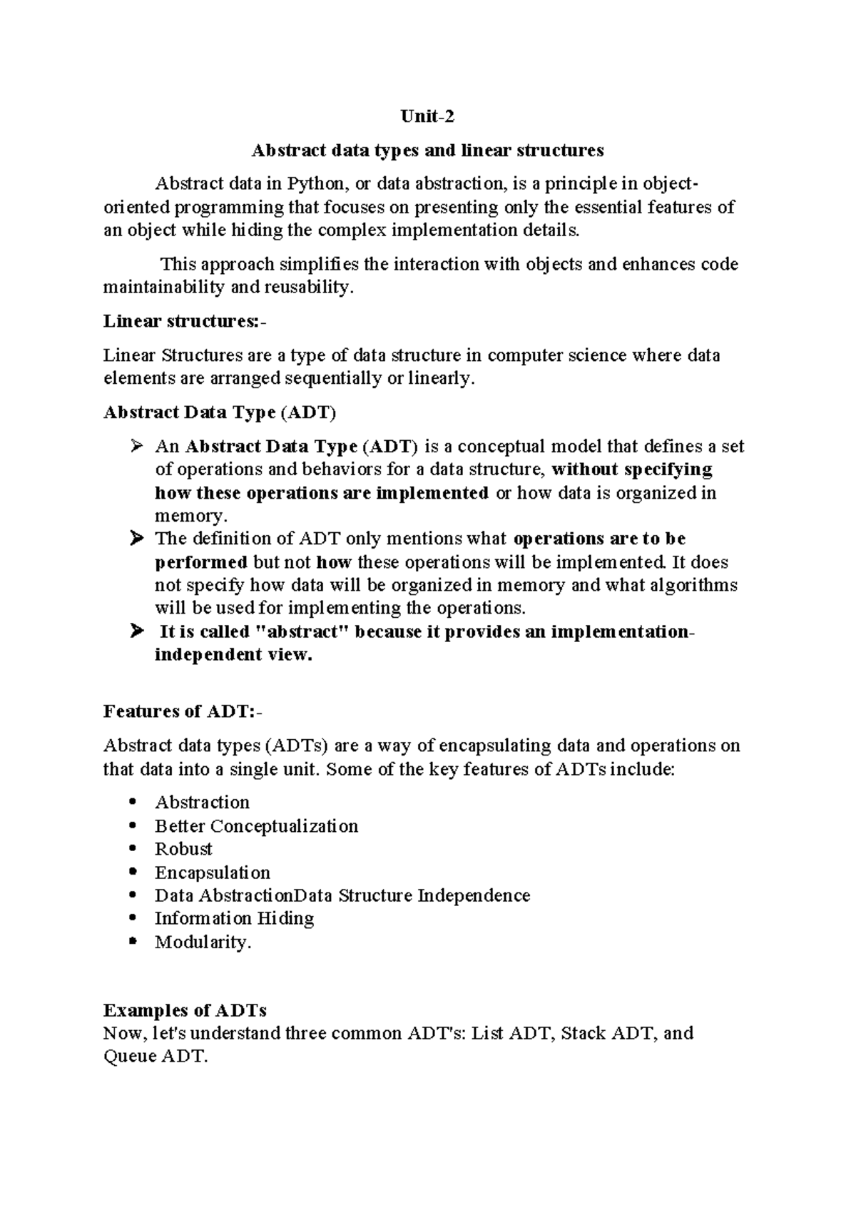 Unit 2: Abstract Data Types and Linear Structures in Python - Studocu