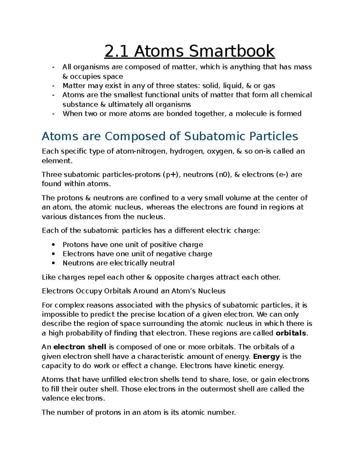 2.1 Atoms & Molecules: Understanding Matter & Subatomic Structure - Studocu