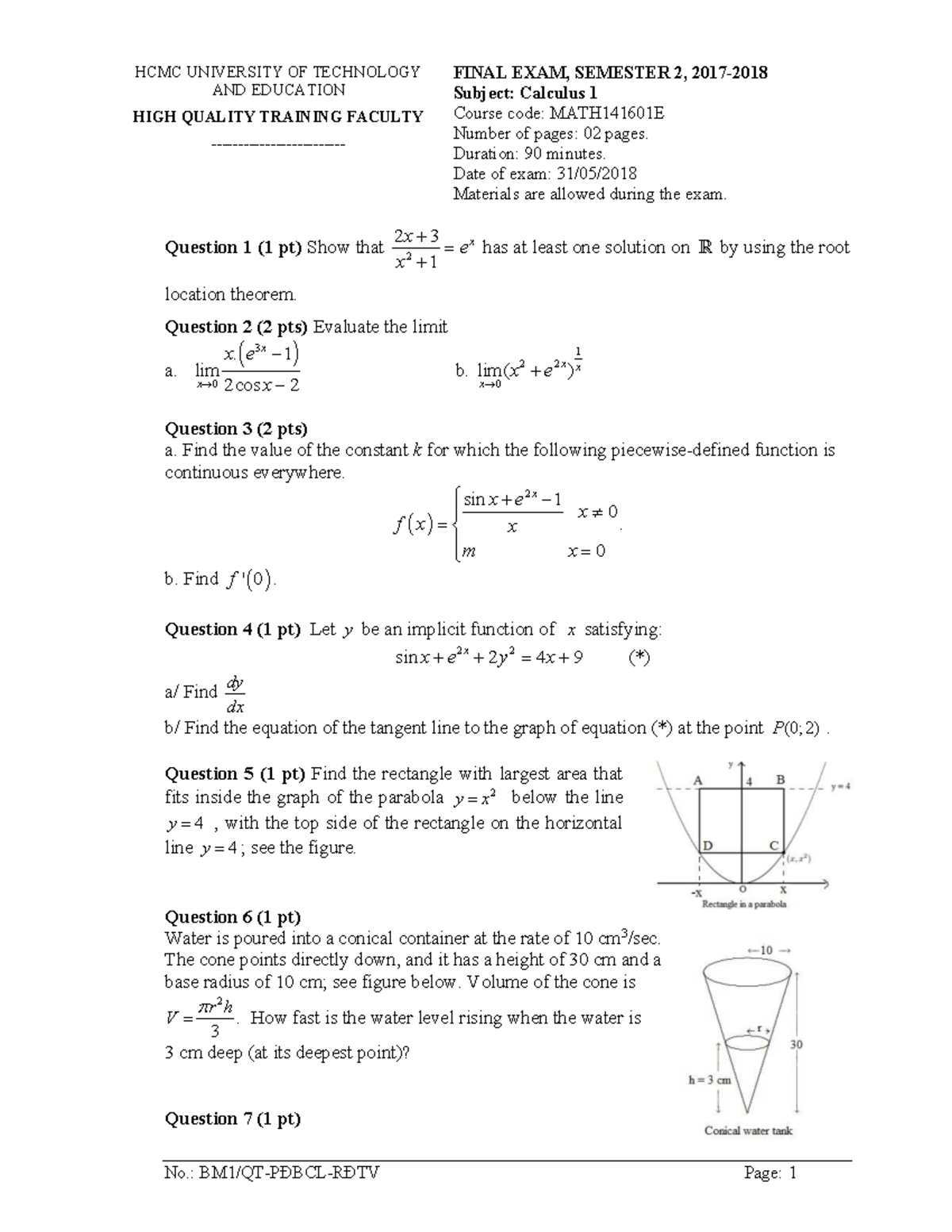 Calculus 1 Final Exam MATH141601E - Semester 2, 2018 - Studocu