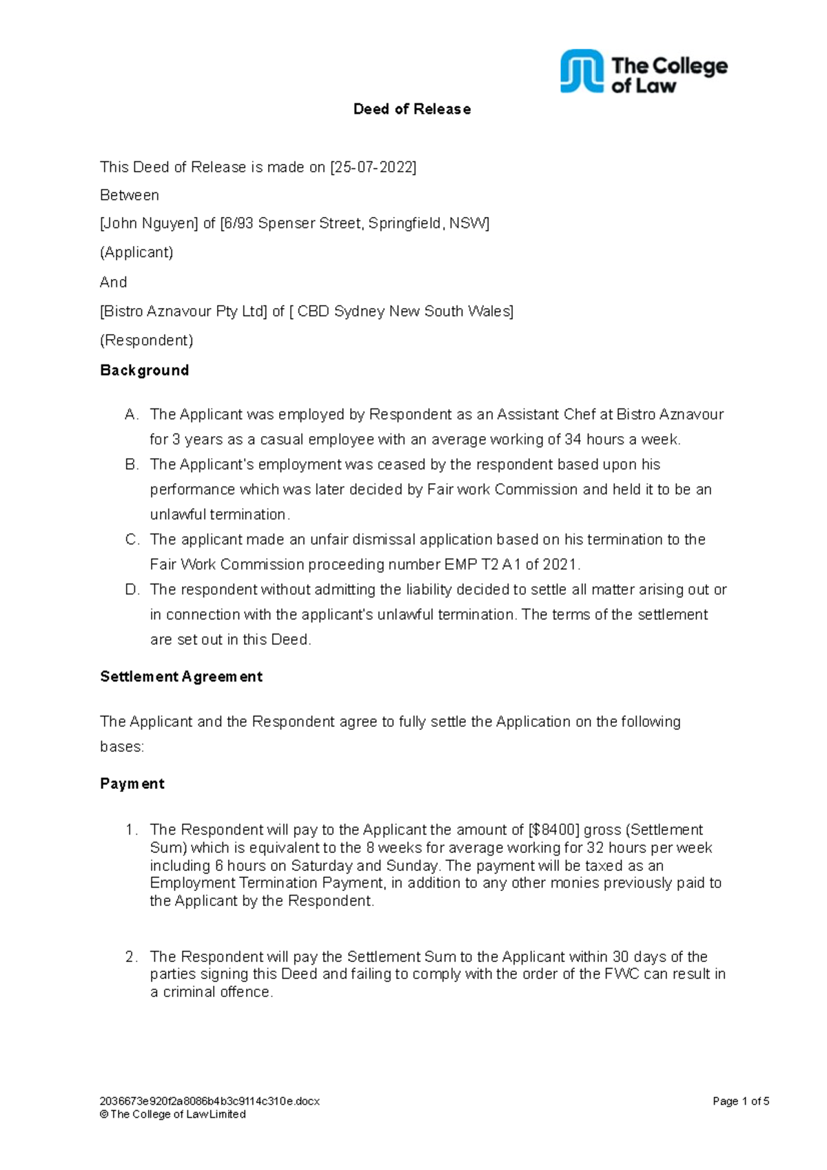 EMP T2 A1 Deed of Release Agreement - All States (July 2022) - Studocu