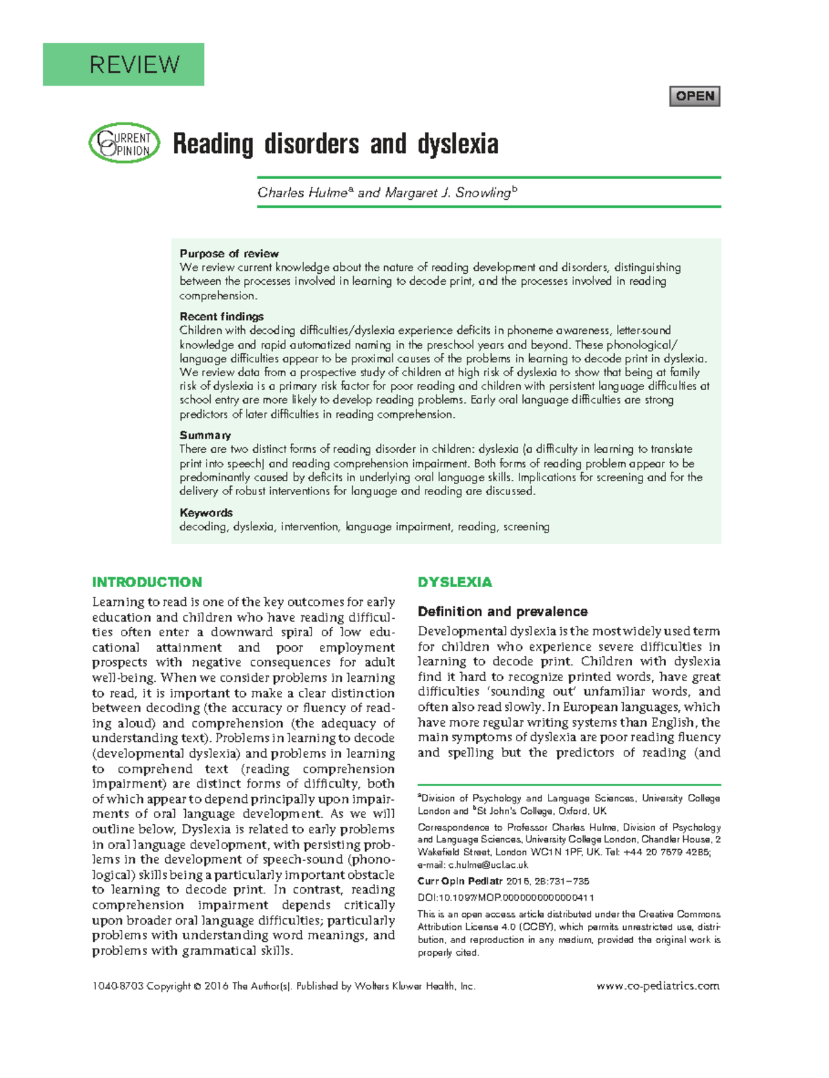REVIEW OF CURRENT OPINION ON DYSLEXIA AND READING DISORDERS - Studocu