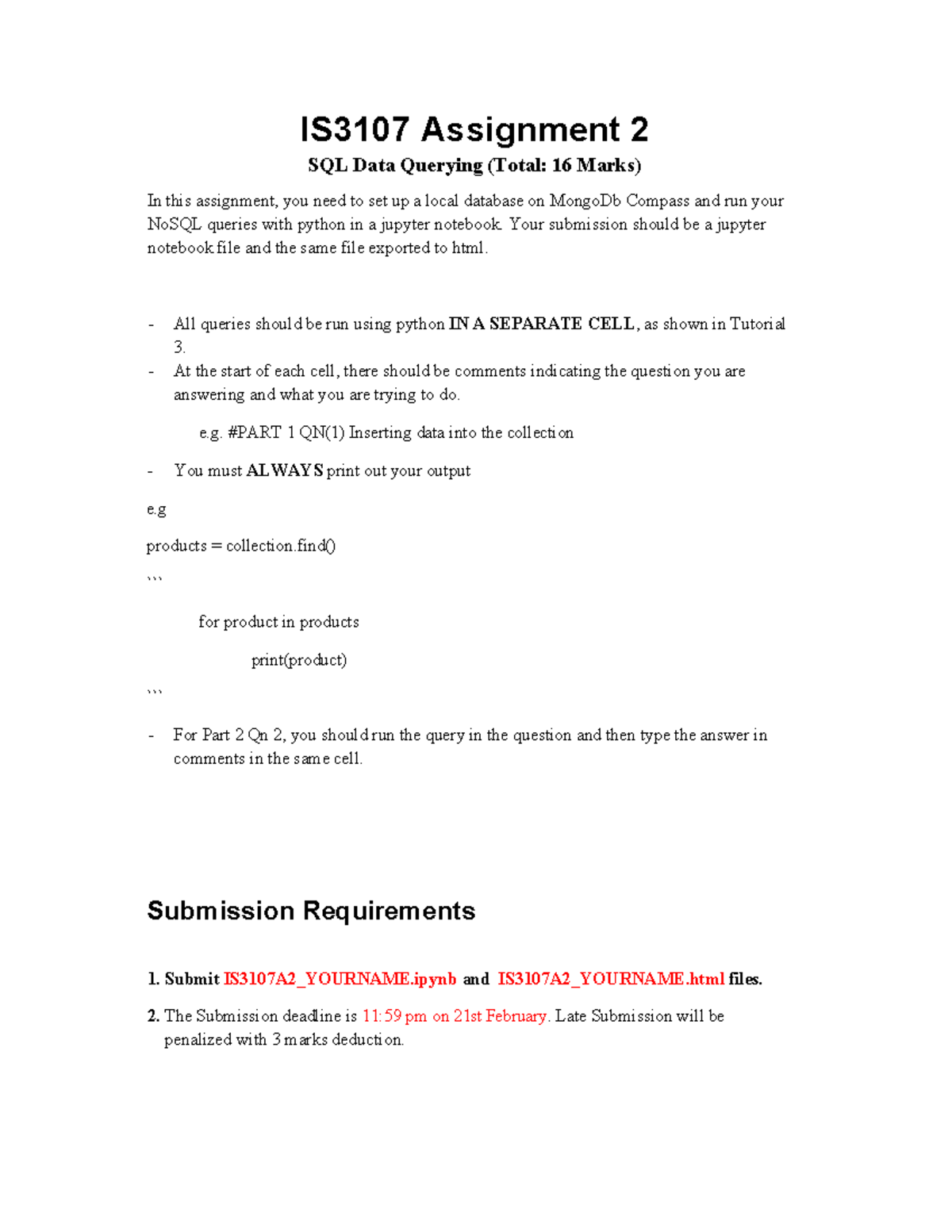 IS3107 Assignment 2: NoSQL Queries with MongoDB & Python - Studocu