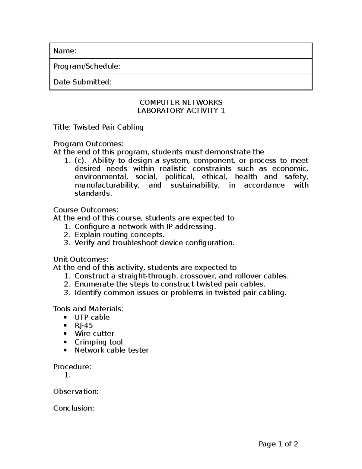Lab Activity 01 - COMNET - Name: Program/Schedule: Date Submitted ...