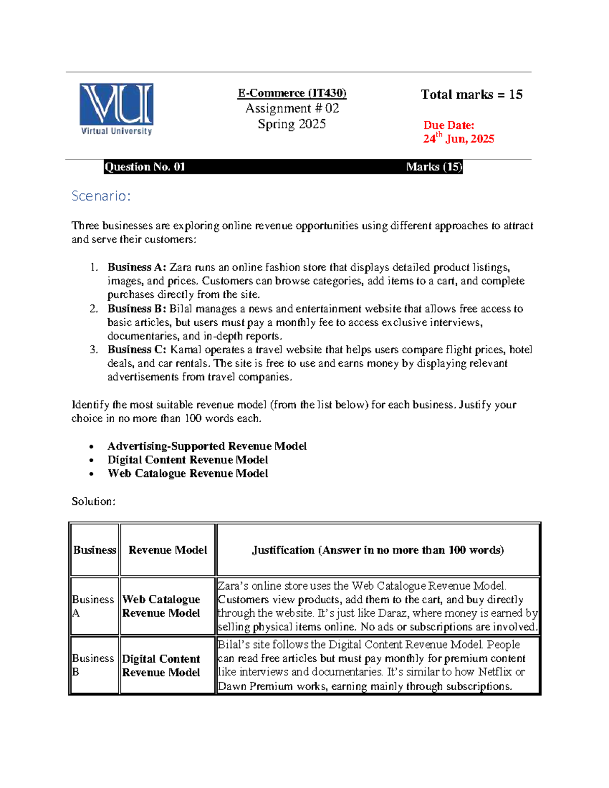 It430 Assignment 02 Spring 2025 Revenue Models Analysis Studocu