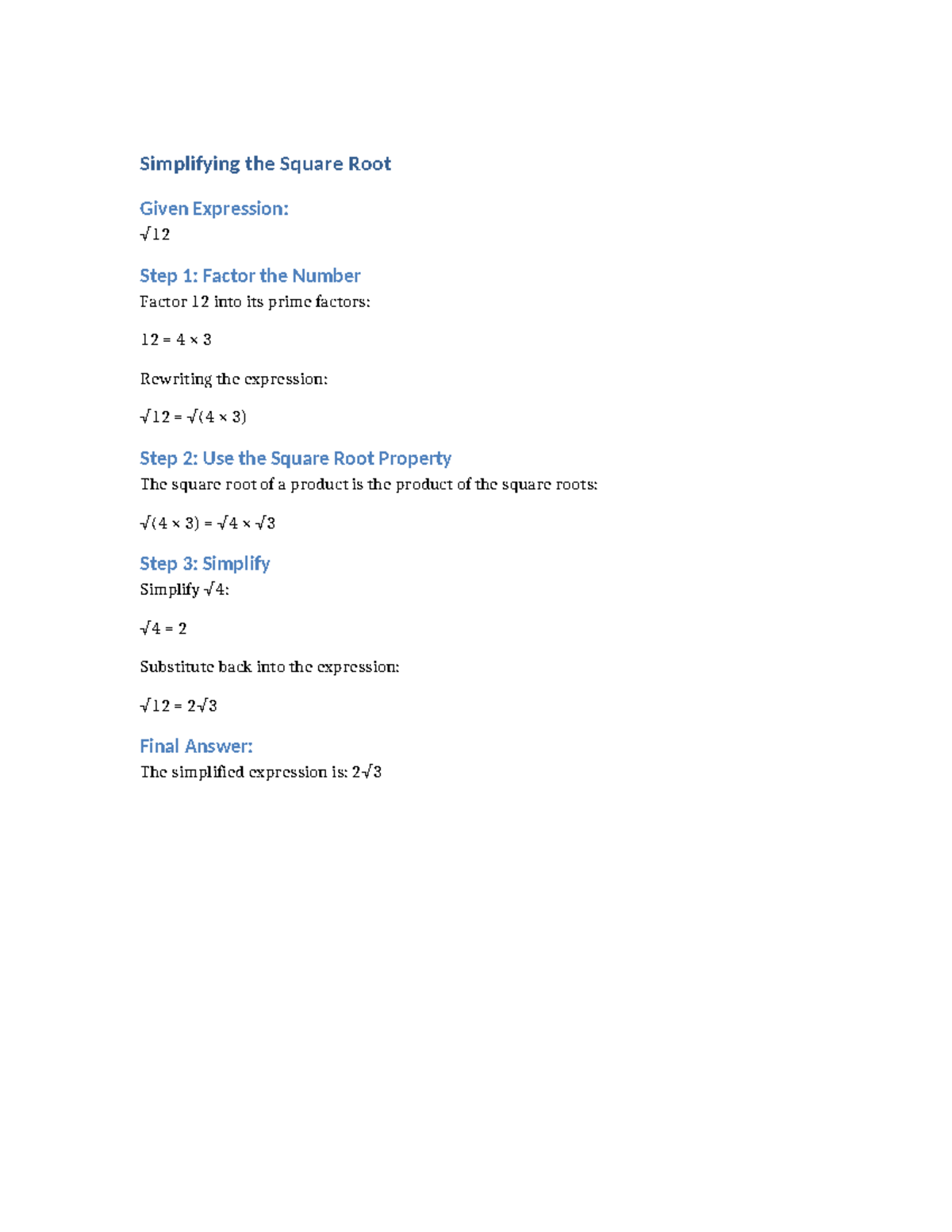 Simplify Square Root 12 - Simplifying the Square Root Given Expression ...
