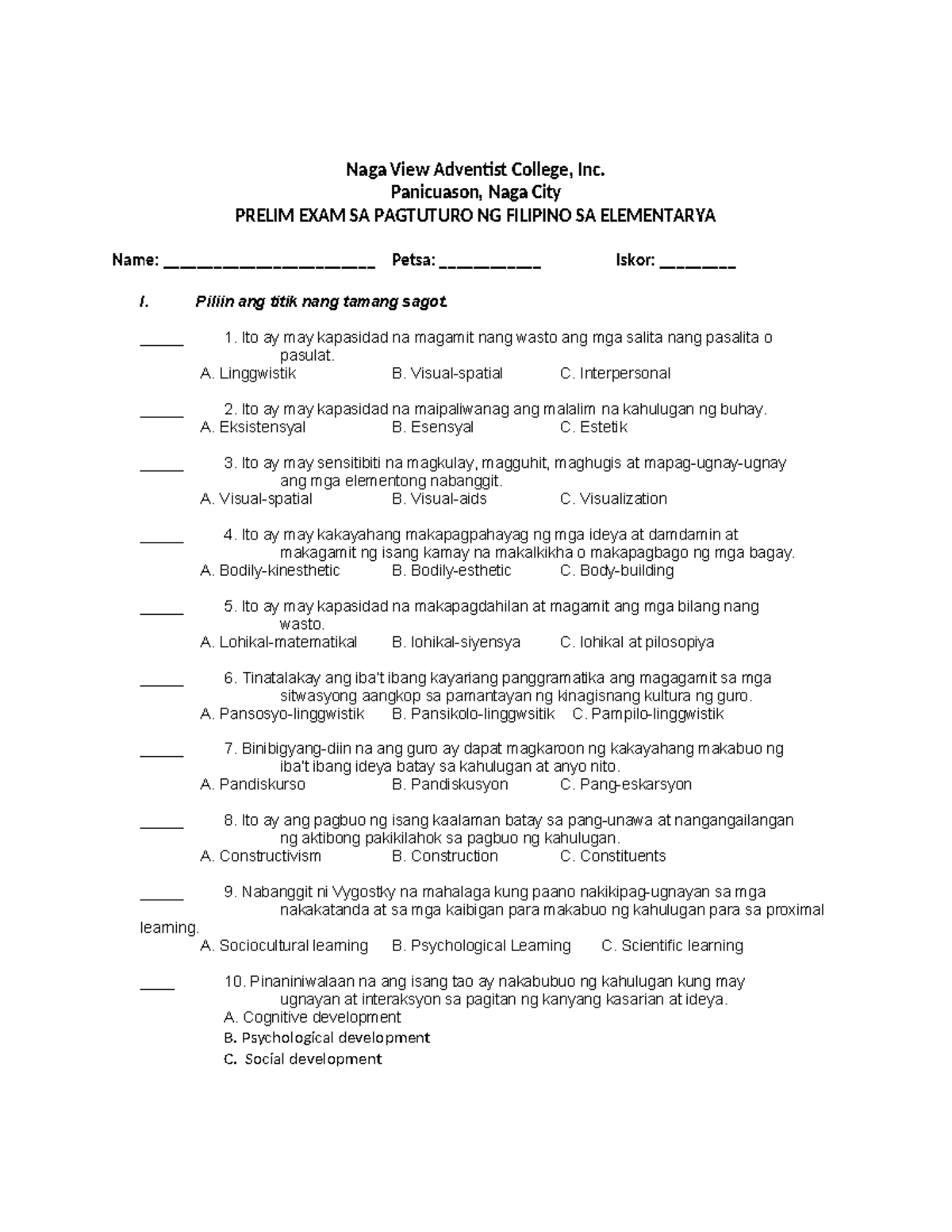 PRELIM EXAM IN FILIPINO FOR ELEMENTARY TEACHING (TTL 2) - Studocu
