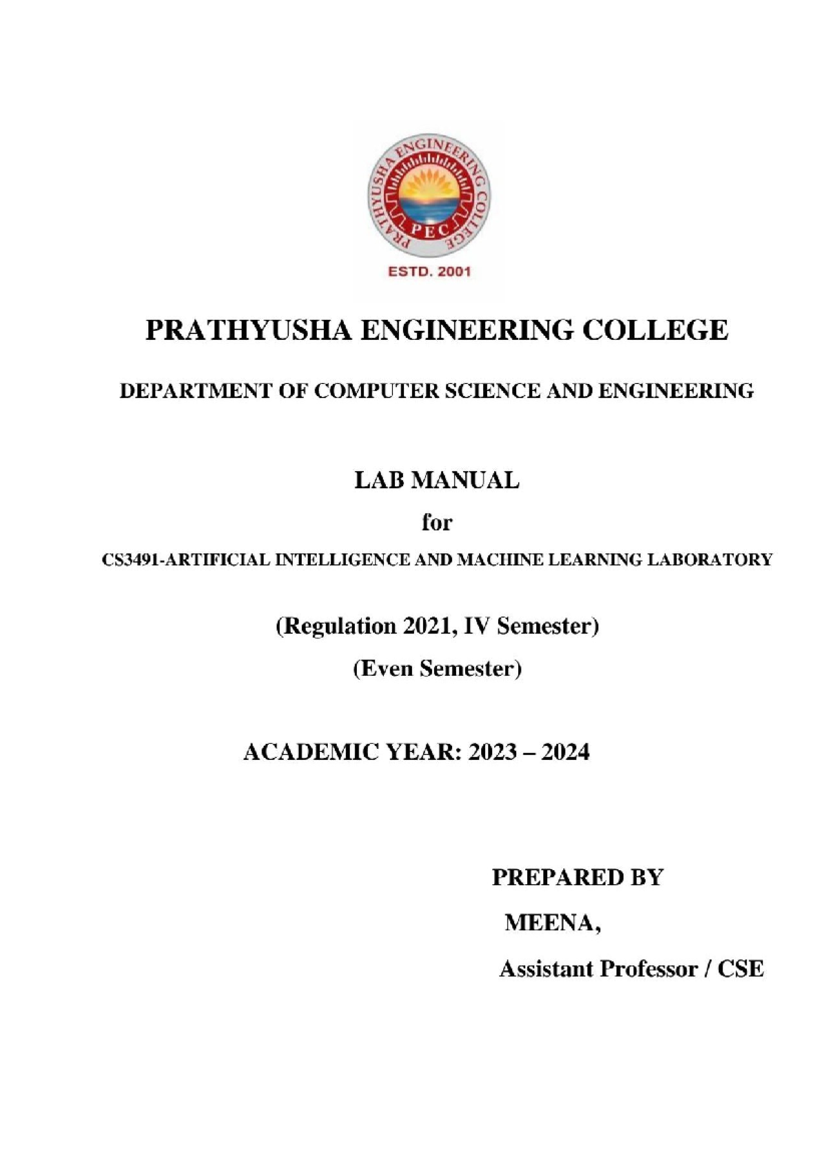 AIML 2023-2024 IV Sem Lab Manual - Intelligent Machine Learning Experiments - Studocu