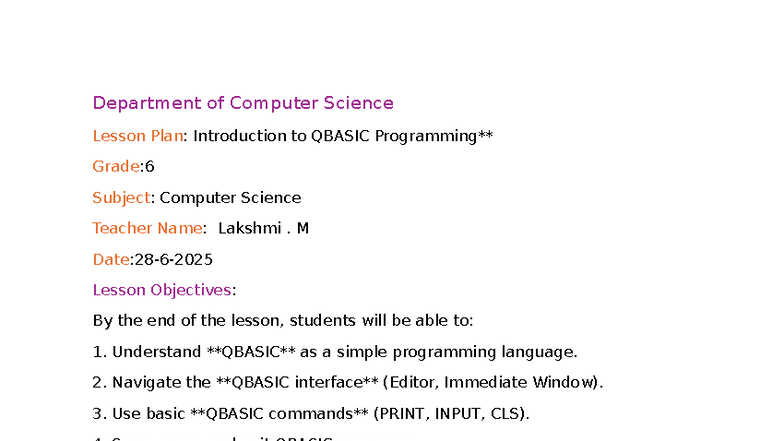 CS 6: Lesson Plan on Introduction to QBASIC for Grade 6 - Studocu