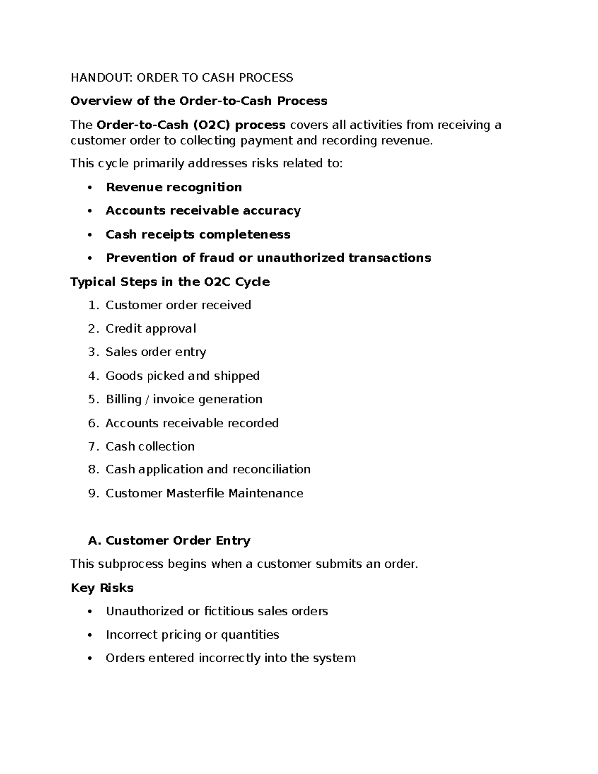 O2C Process Overview: Key Steps and Controls - Studocu