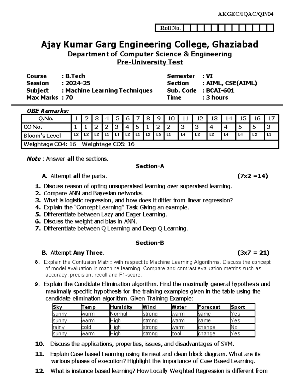 B.Tech VI Sem MLT Exam Paper - Machine Learning Techniques - Studocu