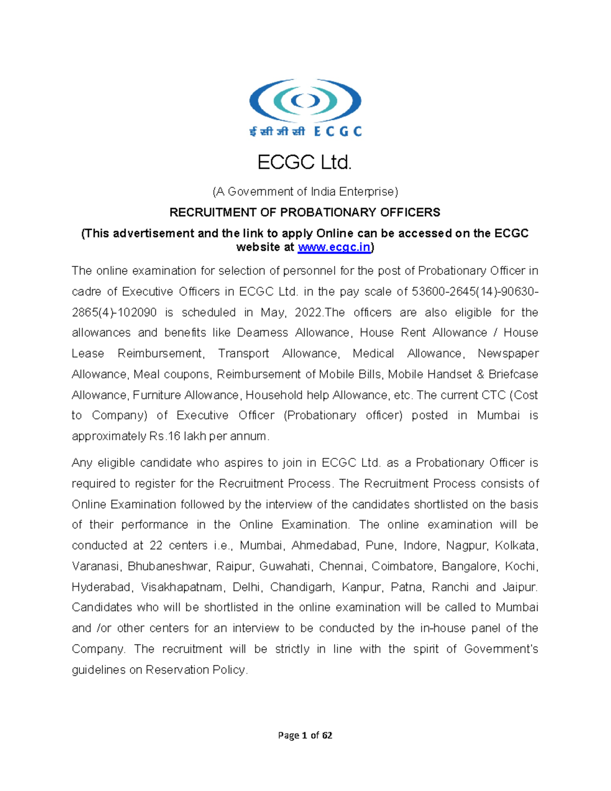 ECGC PO Notification 2022 1 - ECGC Ltd. (A Government of India ...