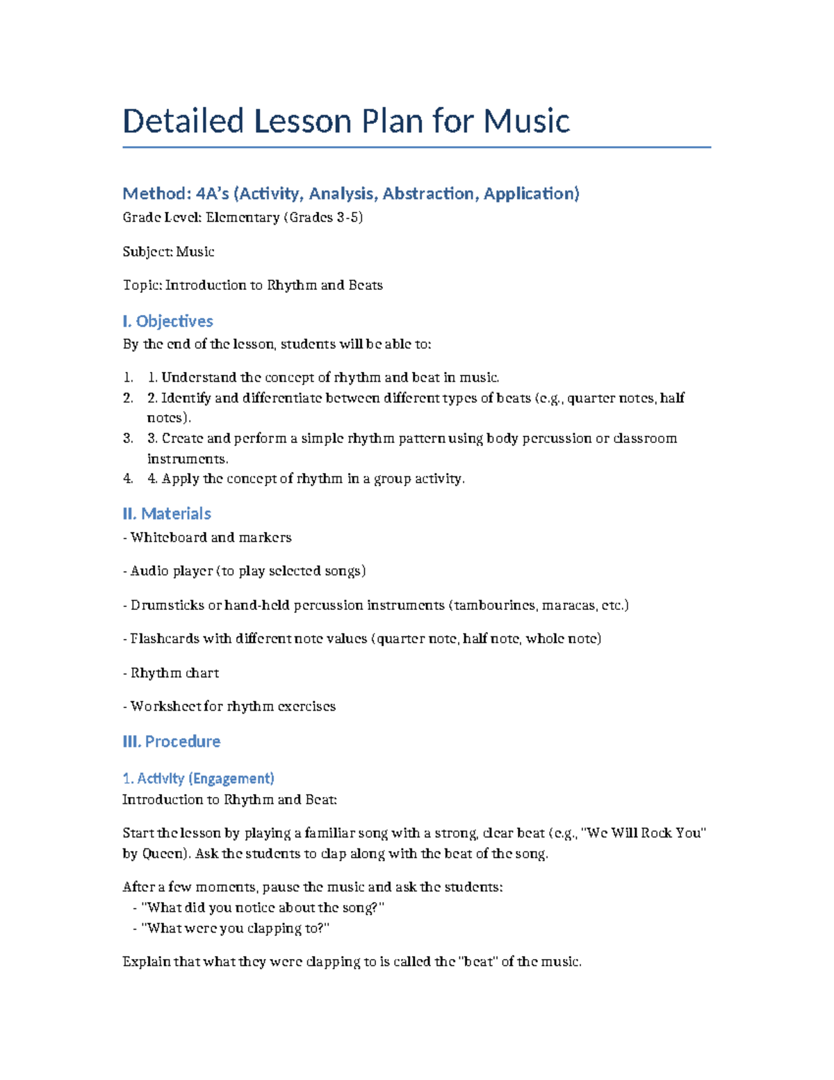 Music Lesson Plan 4As - Detailed Lesson Plan for Music Method: 4A’s ...