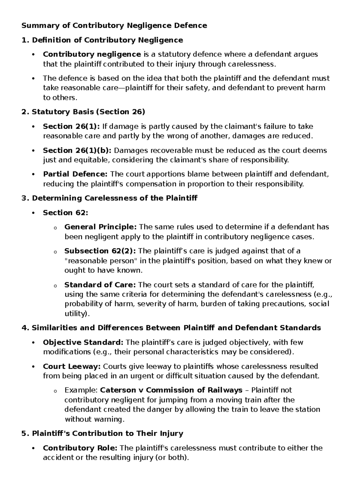 Contributory Negligence & Illegality Defence: Week 10 Notes (LAW 101 ...