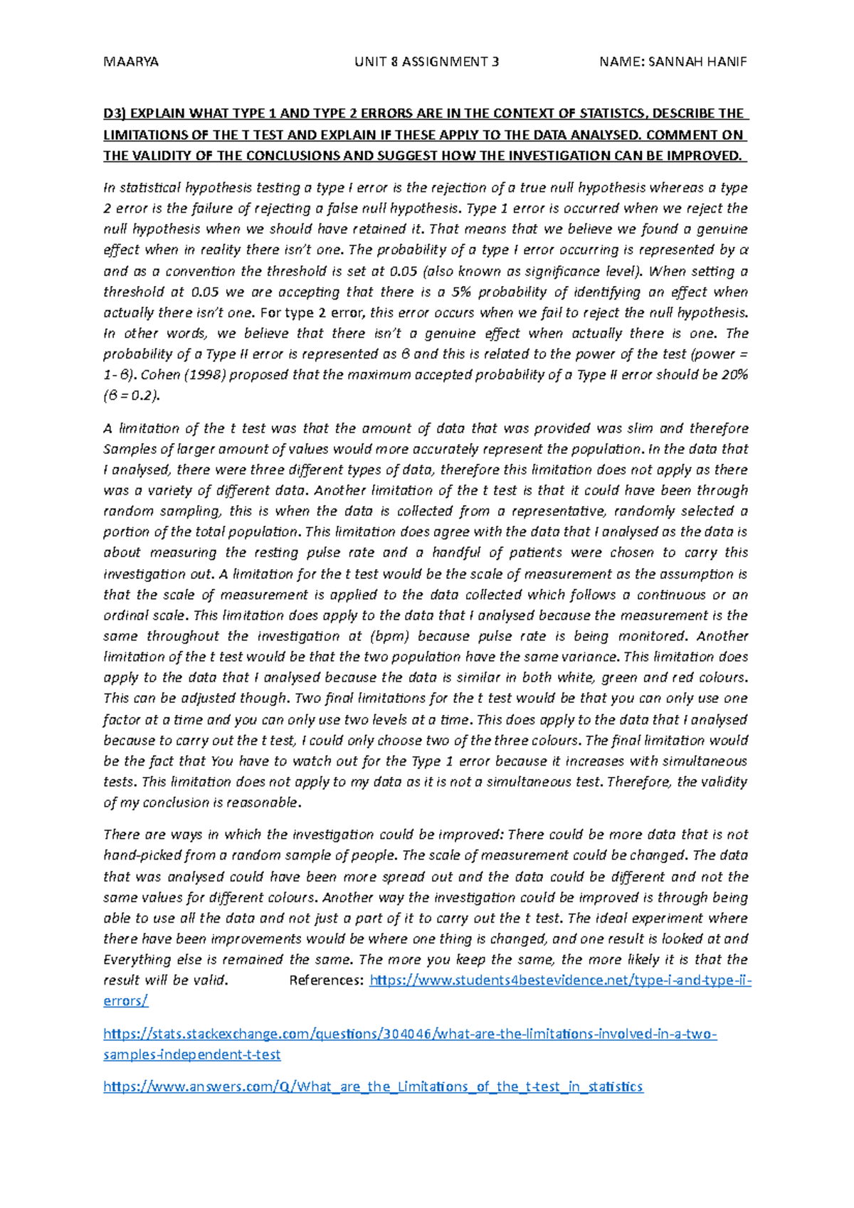 T test limitations explained - MAARYA UNIT 8 ASSIGNMENT 3 NAME: SANNAH ...