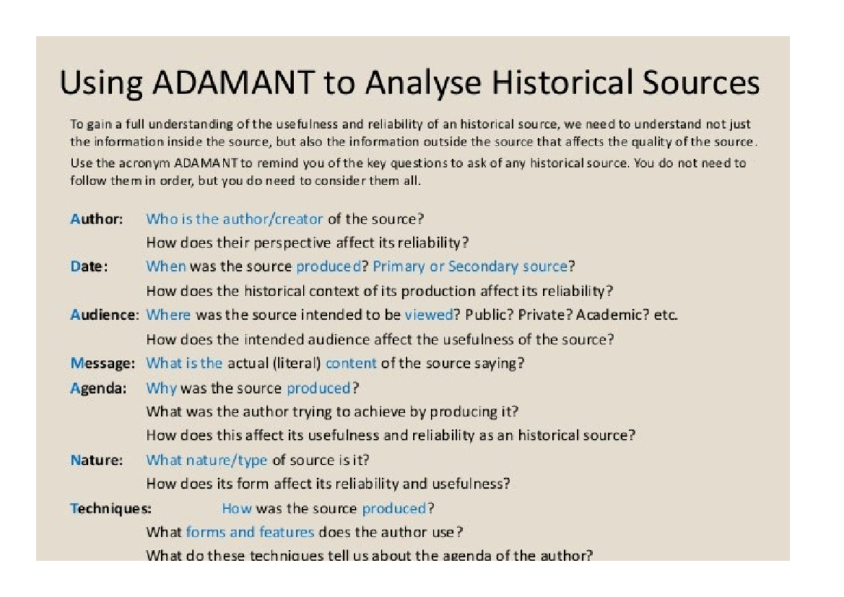 ADAMANT Method for Evaluating Historical Sources and Reliability - Studocu