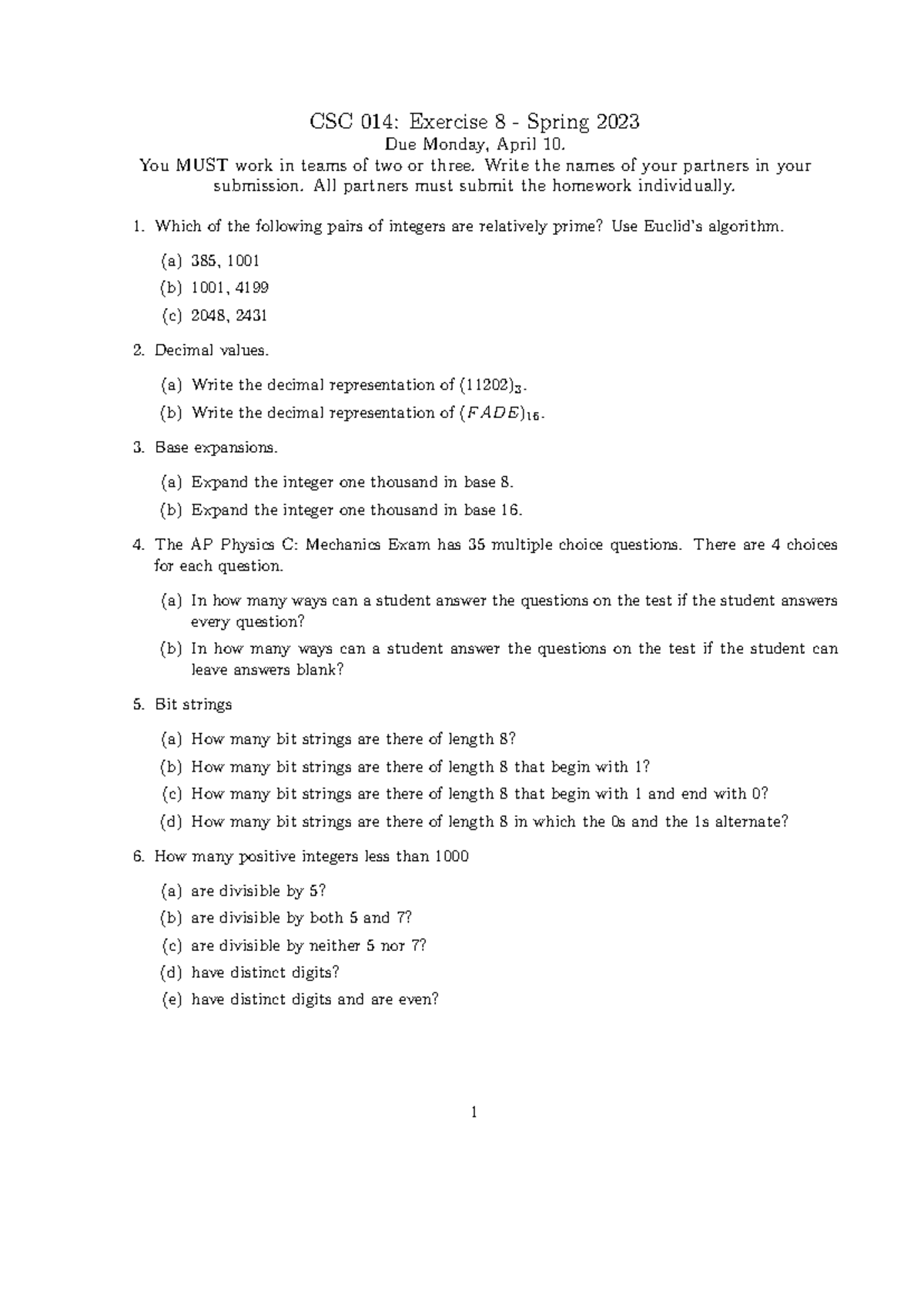 CSC 014: Spring 2023 Exercise 8 - Team Homework Assignment - Studocu