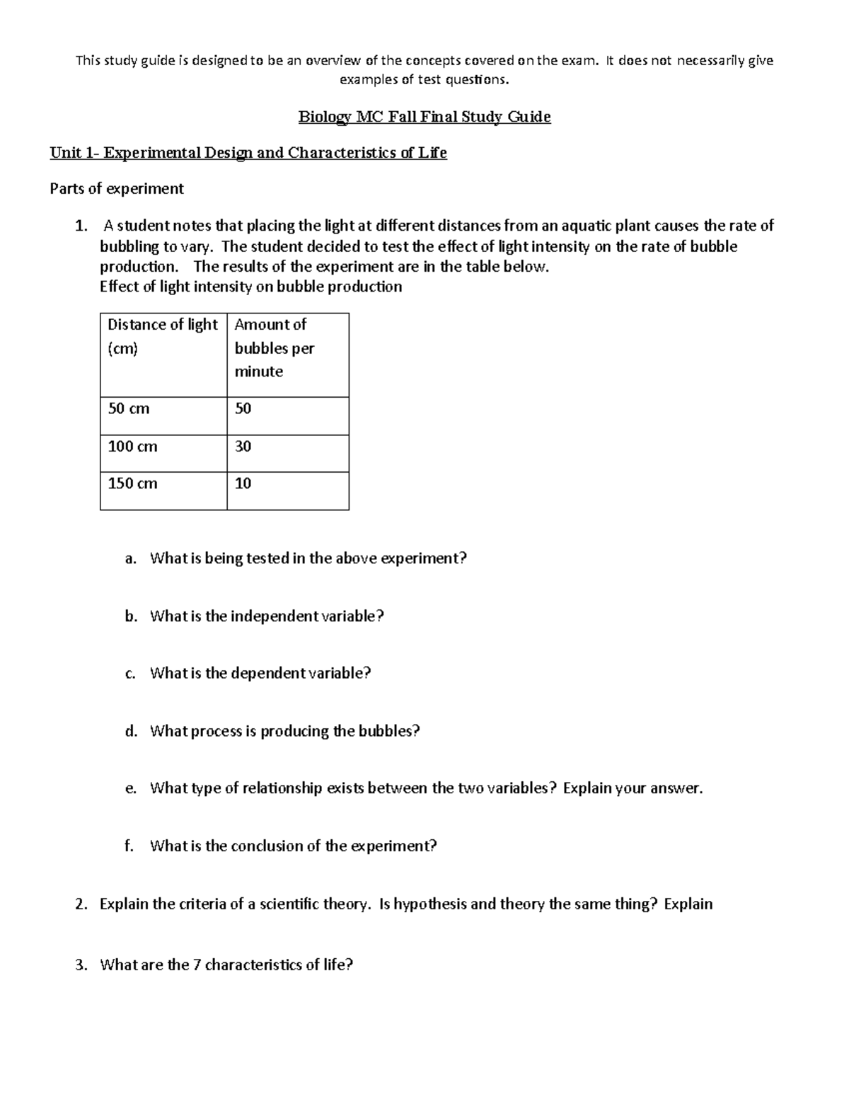 Pre-AP Biology MC Fall Final Study Guide: Key Concepts & Experimental ...