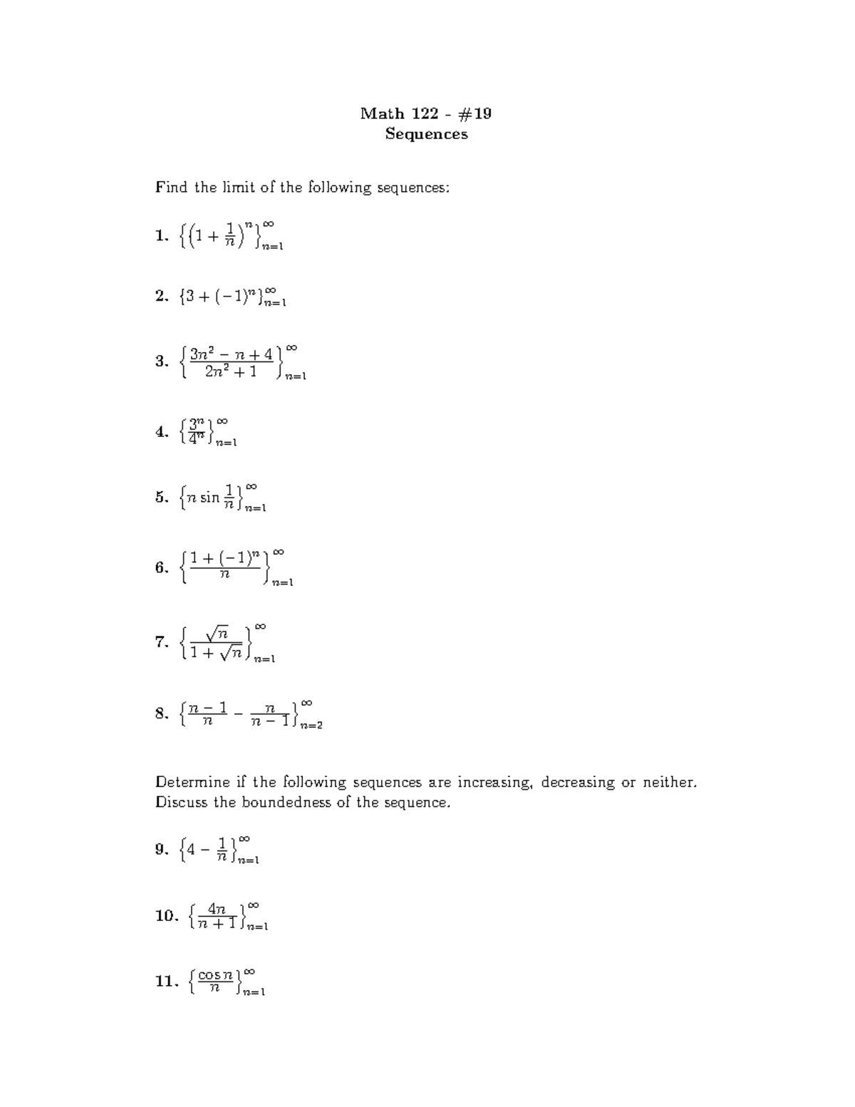 19sequ - sequences mpod - Math 122 - Sequences Find the limit of the ...