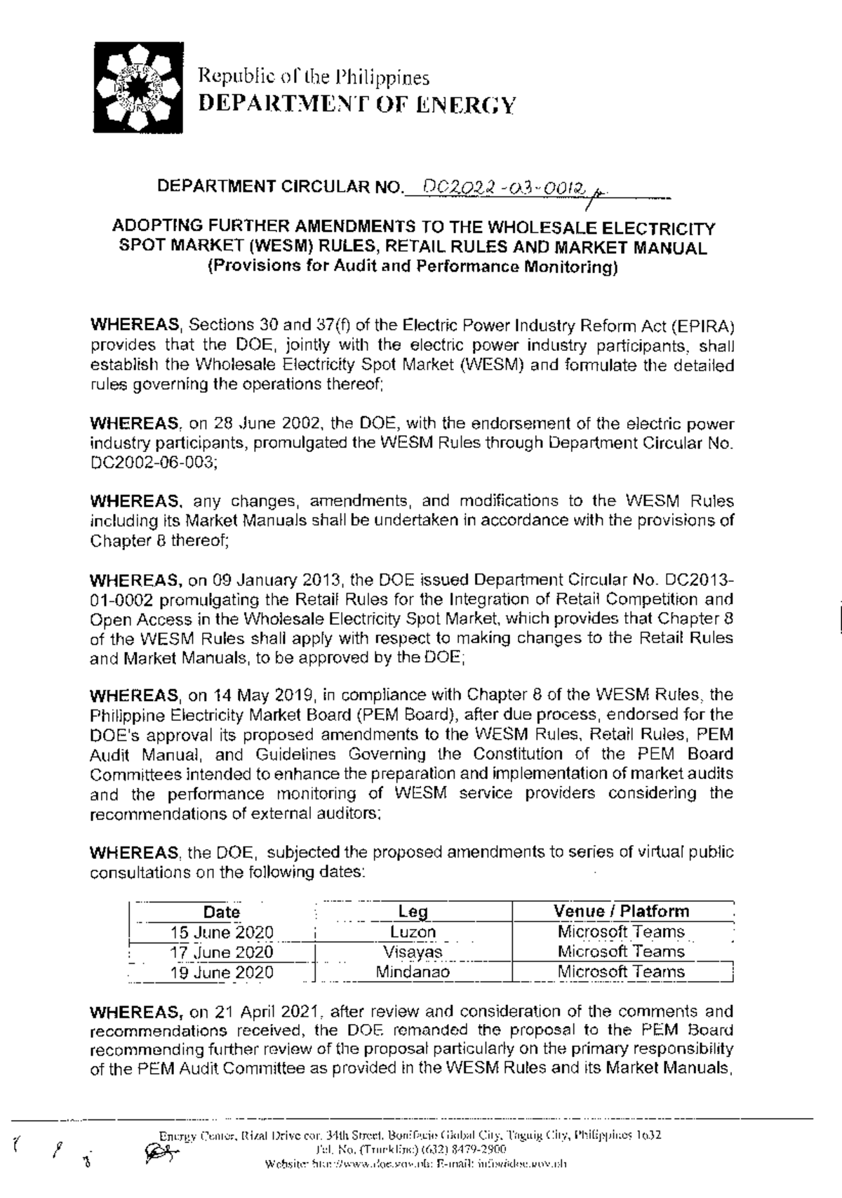 Adopting Amendments to WESM Rules & Retail DC for Audit Monitoring ...