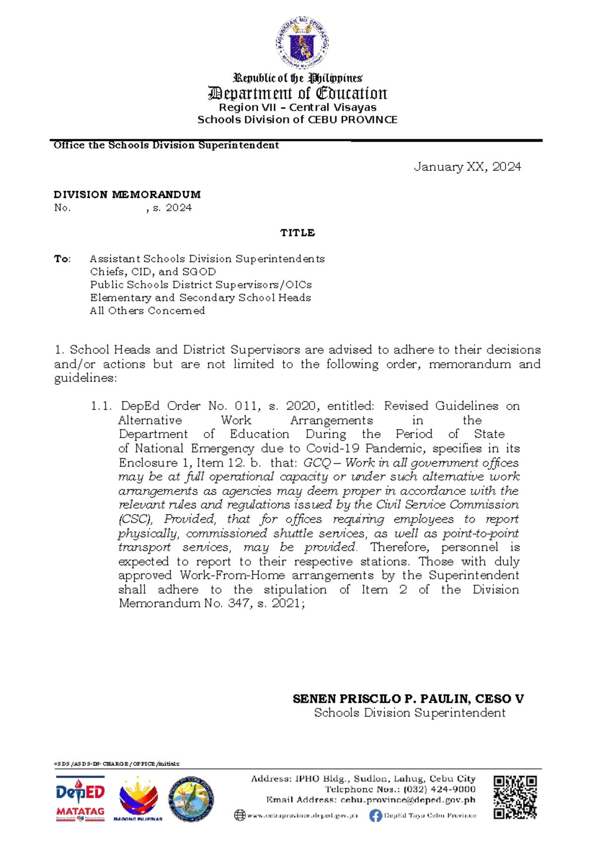 Division Memo Template with Updated Footer - DepEd Guidelines - Studocu