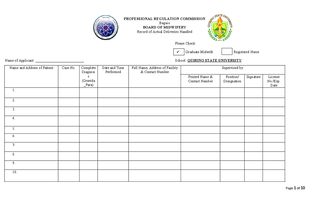Record of Deliveries and Procedures - PRC Midwifery Form - Studocu