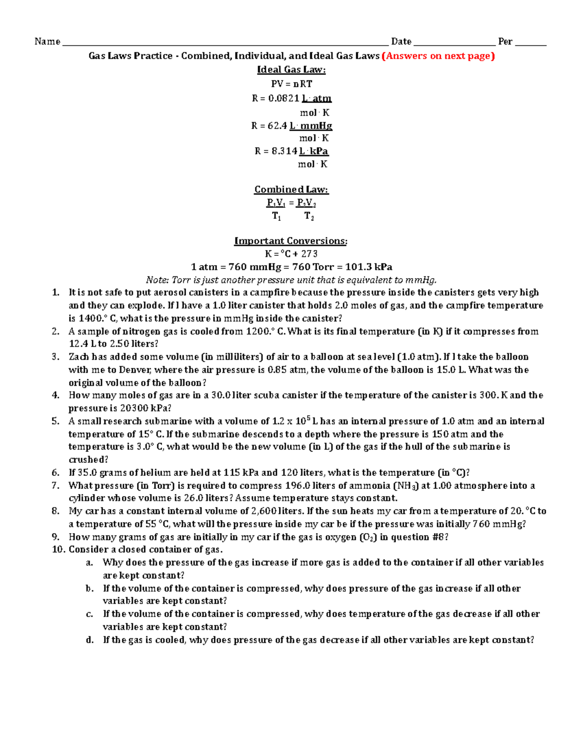 Gas Laws Practice: Combined, Individual, and Ideal Gas Laws (Answers ...