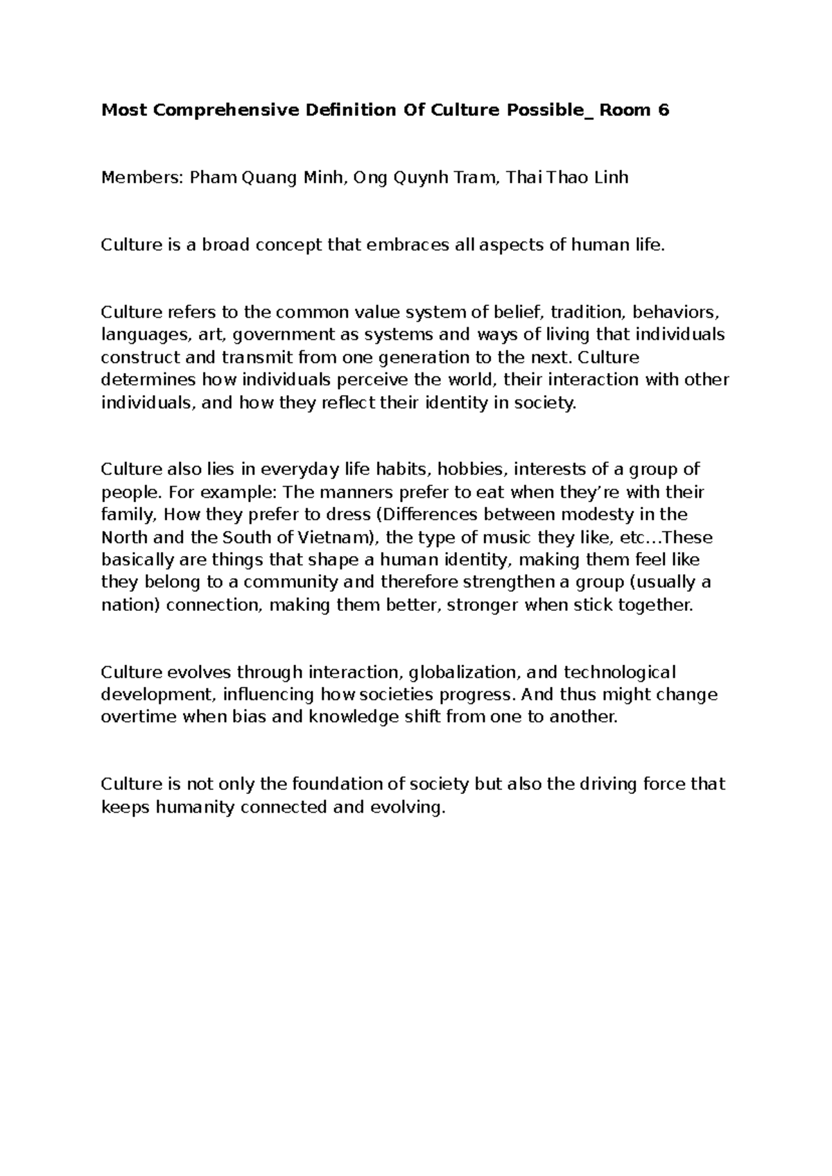 Comprehensive Culture Overview - Room 6 Members Insights - Studocu