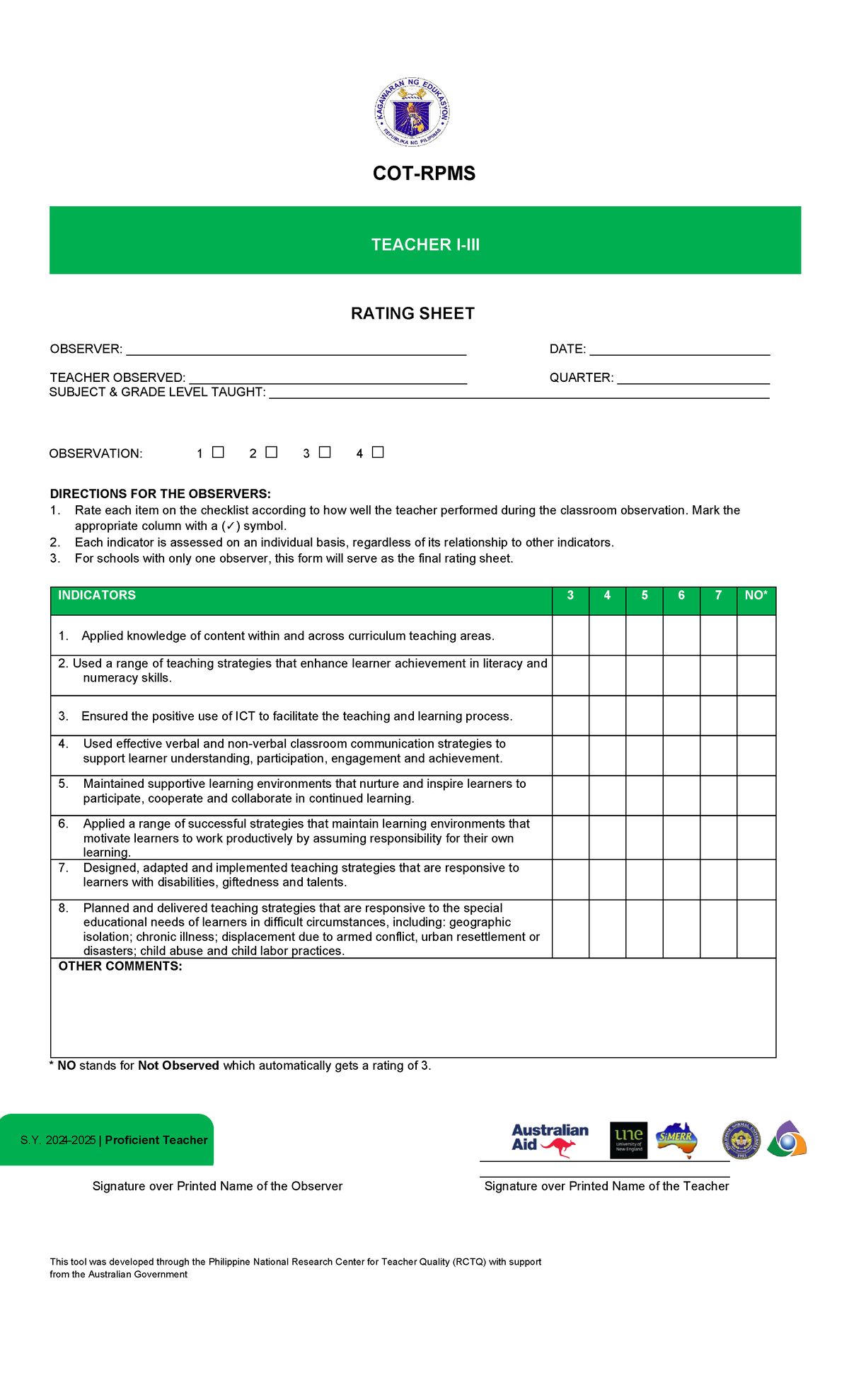 Appendix C 04 COT RPMS Rating Sheet for T I III for SY 2024 2025 1 ...