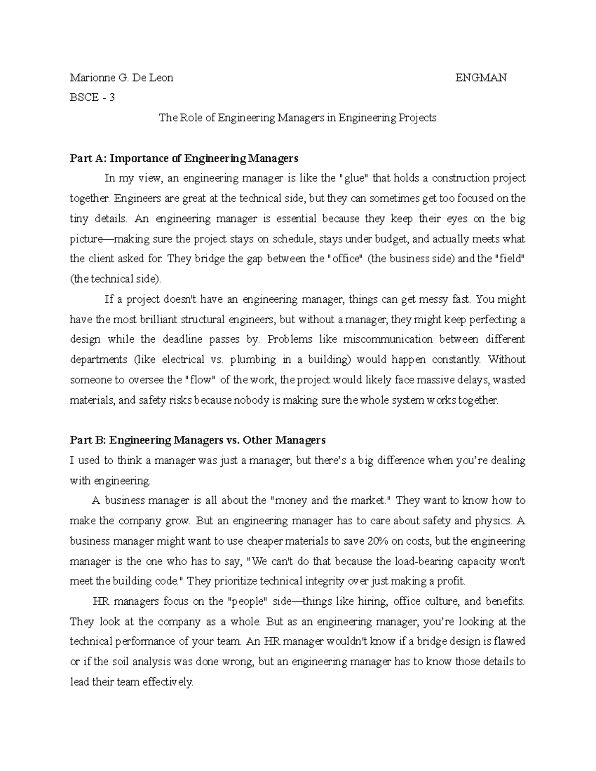 The Role of Engineering Managers in Projects - BSCE 3 Essay Notes - Studocu