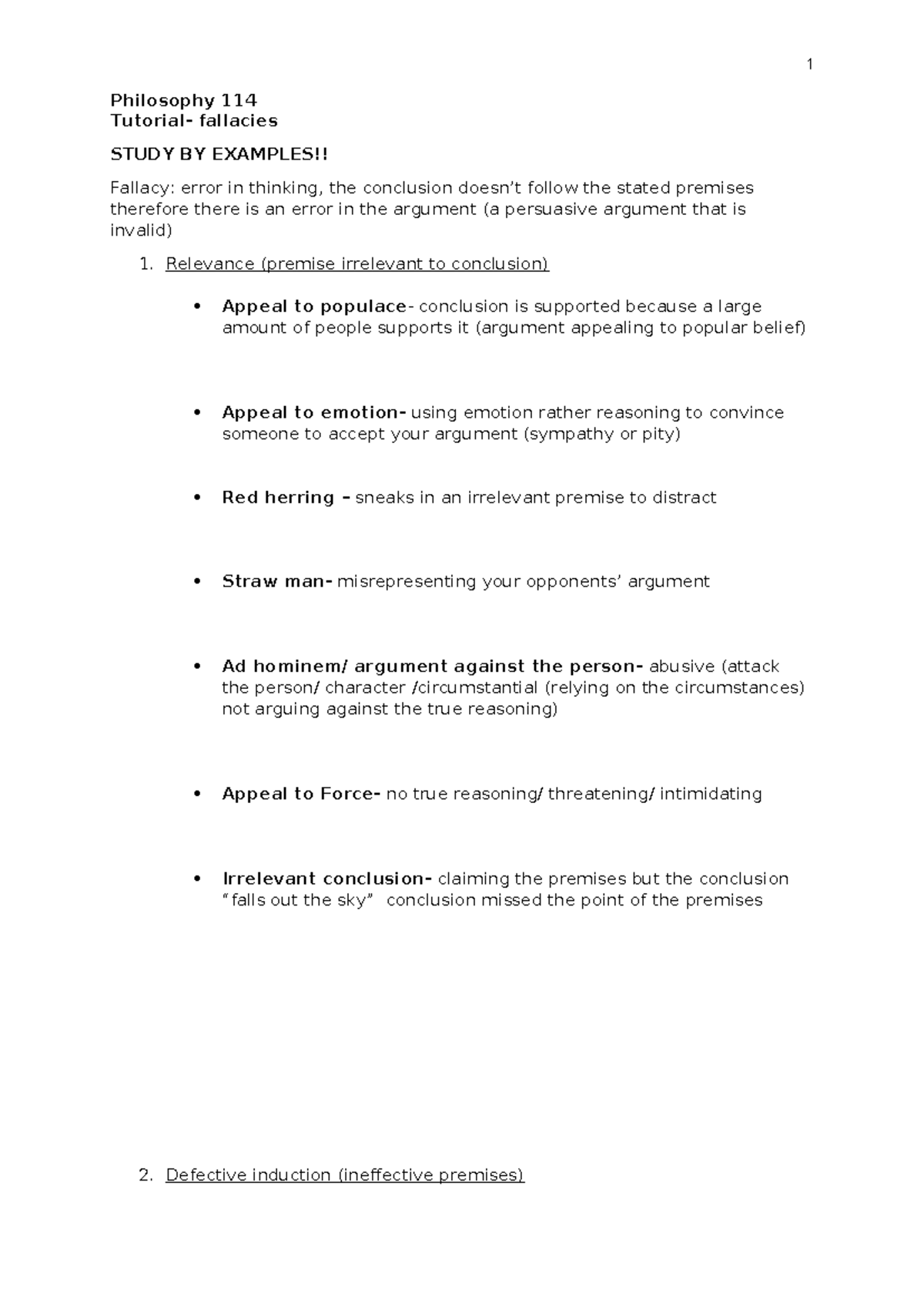 Philosophy 114: Fallacies Study Examples - Logic Notes Topic 4 - Studocu