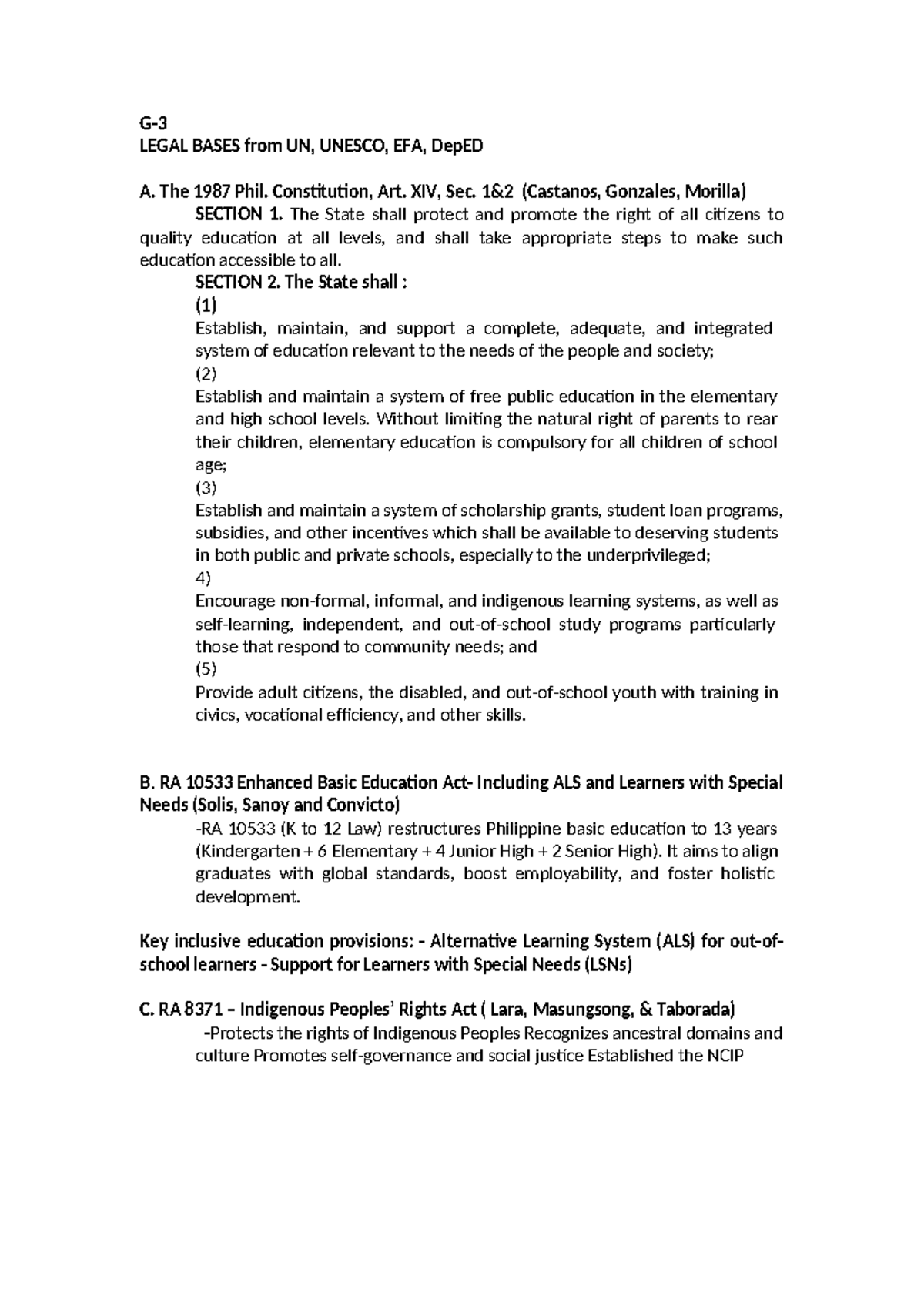 Legal Bases for Education in the Philippines: UN, UNESCO, EFA, DepED ...