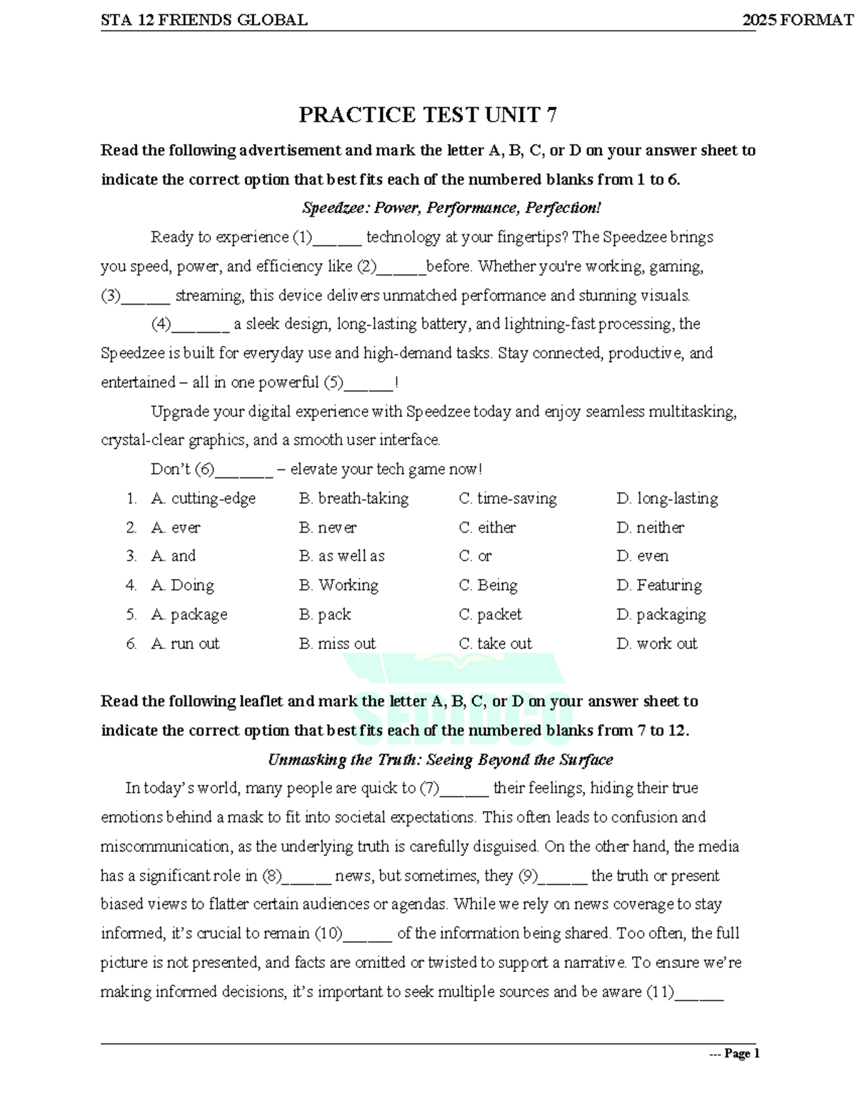 STA 12 Friends Global - Unit 7 Practice Test 2025 Format - Studocu