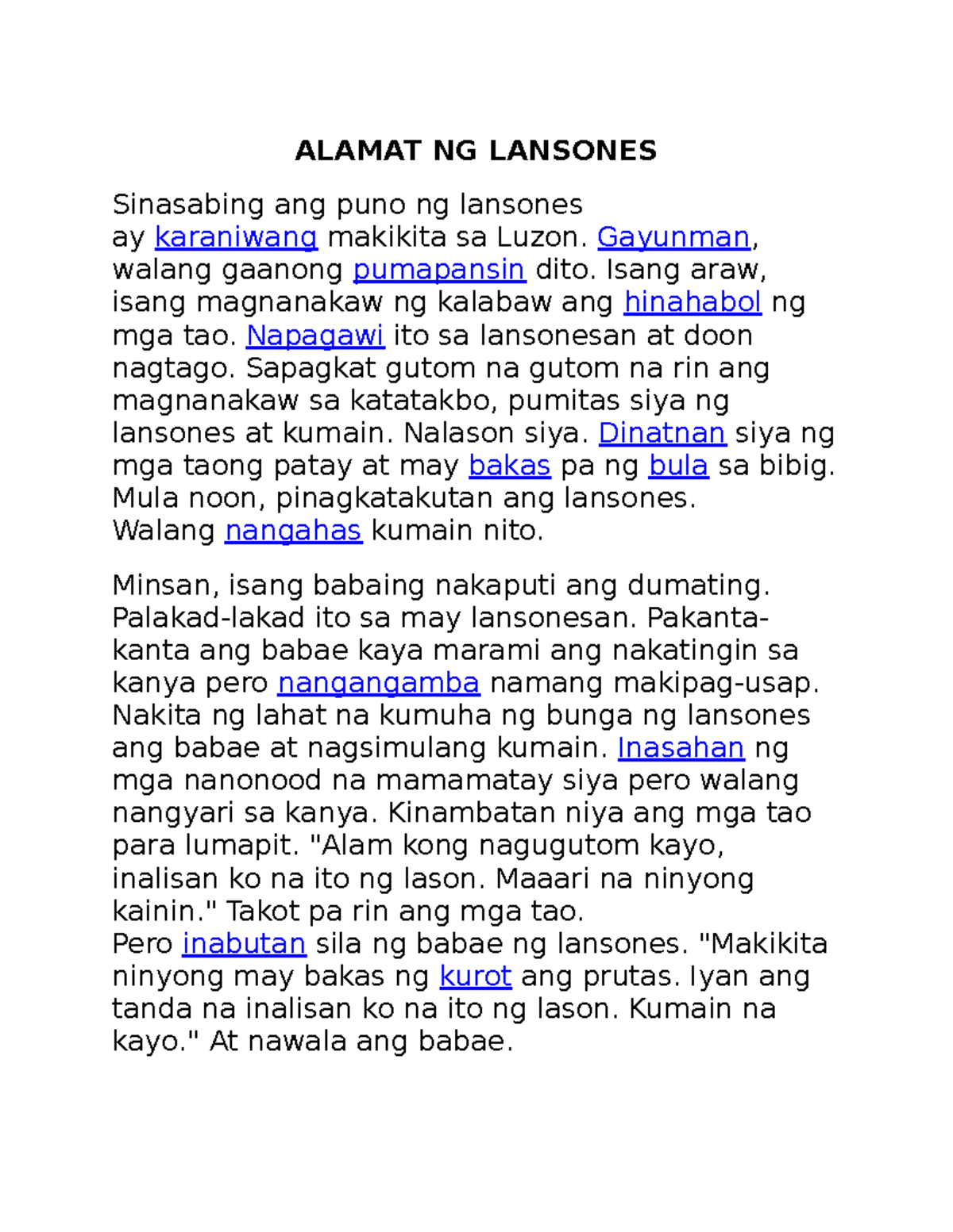 Alamat ng Lansones at Ti Biag Ni Lam-Ang: Isang Pag-aaral - Studocu