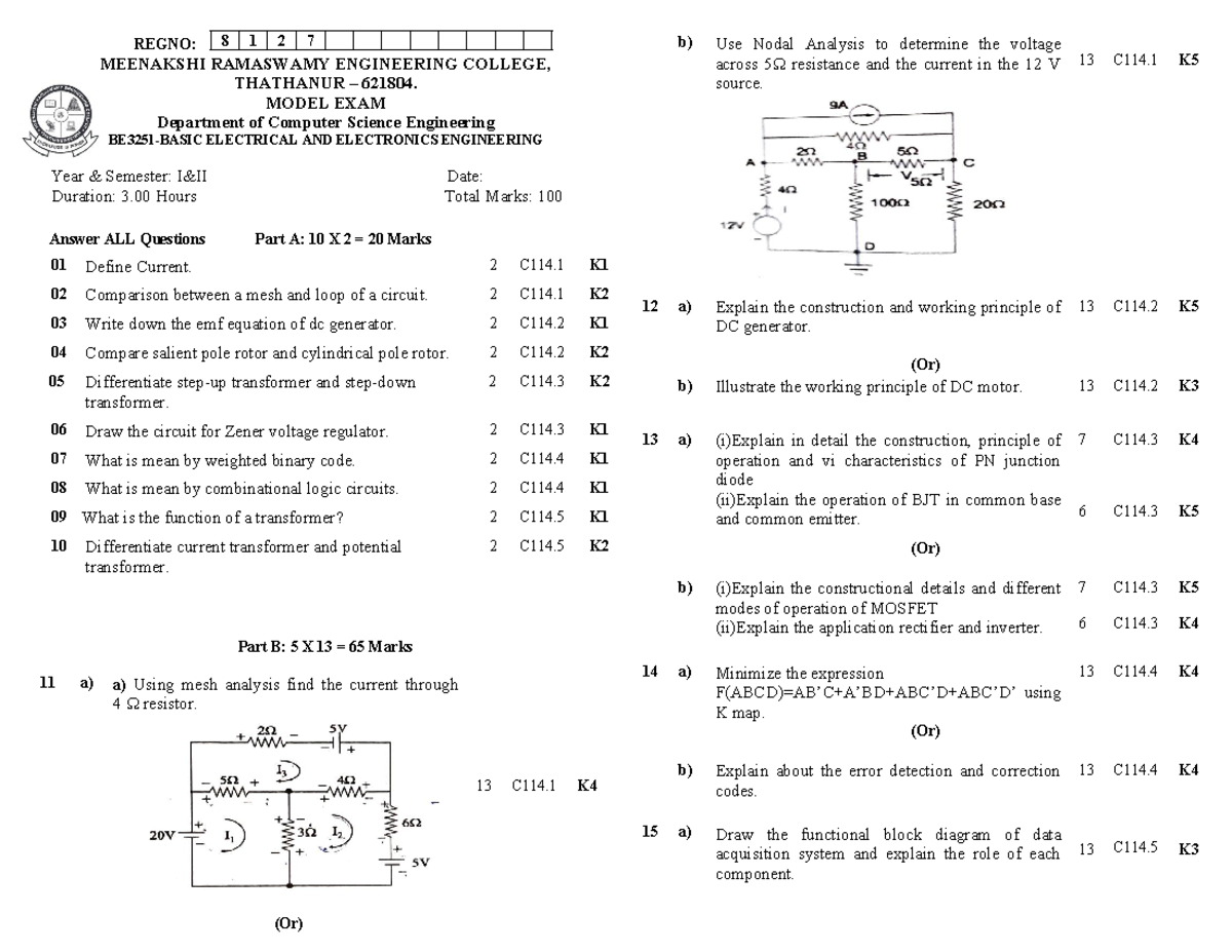 BE3251 BEEE Model Exam: Nodal Analysis & DC Machine Principles - Studocu